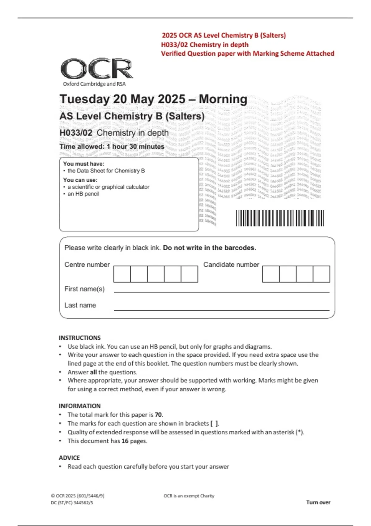 2025 OCR AS Level Chemistry B (Salters) H033/02 Chemistry in depth ...