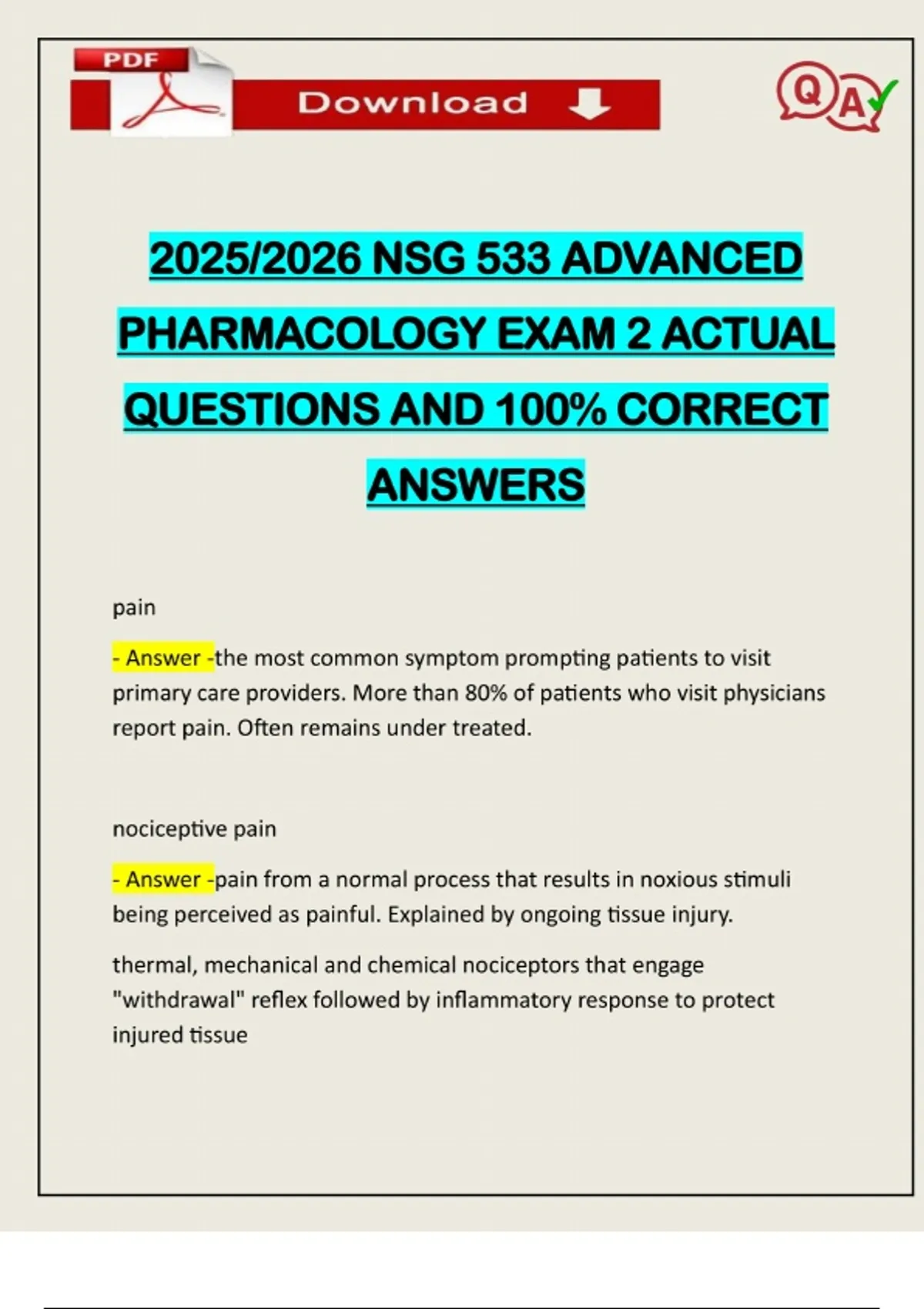 2025/2026 NSG 533 ADVANCED PHARMACOLOGY EXAM 2 ACTUAL QUESTIONS AND 100 ...