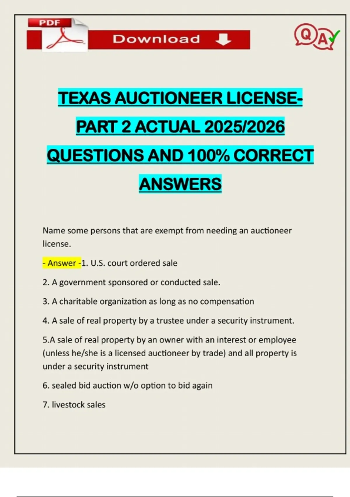 TEXAS AUCTIONEER LICENSEPART 2 ACTUAL 2025/2026 QUESTIONS AND 100% ...