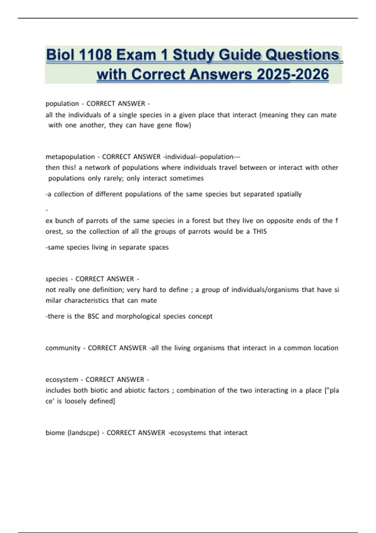 Biol 1108 Exam 1 Study Guide Questions with Correct Answers - Biol 1108 ...