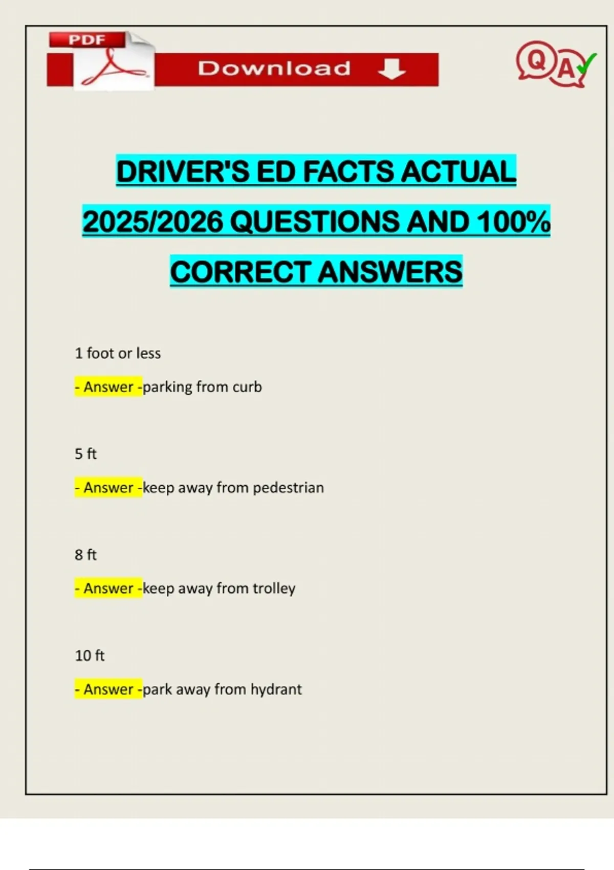 DRIVER'S ED FACTS ACTUAL 2025/2026 QUESTIONS AND 100% CORRECT ANSWERS ...