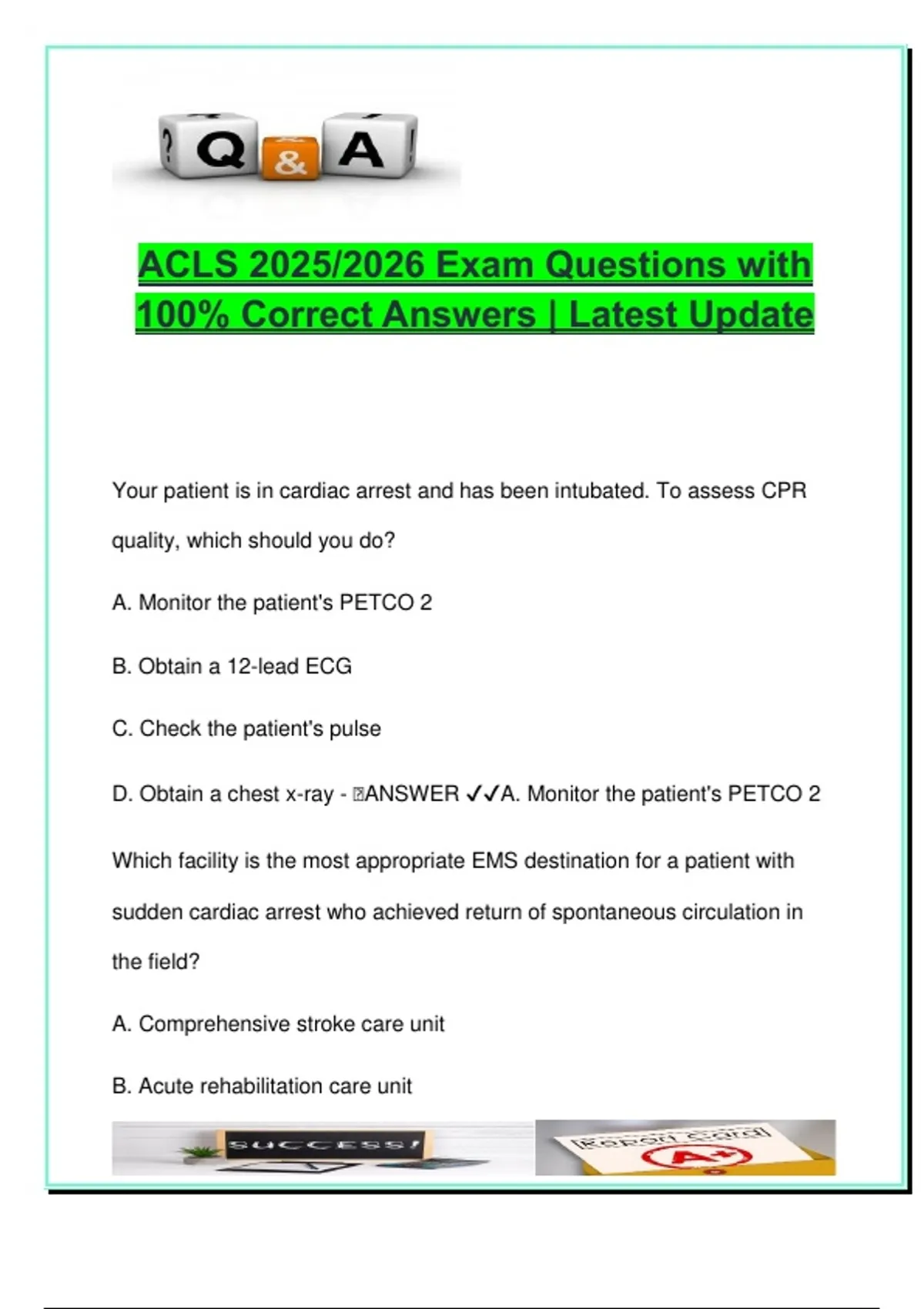 ACLS Exam 2025/2026 – 100+ Updated Questions with Correct Answers ...