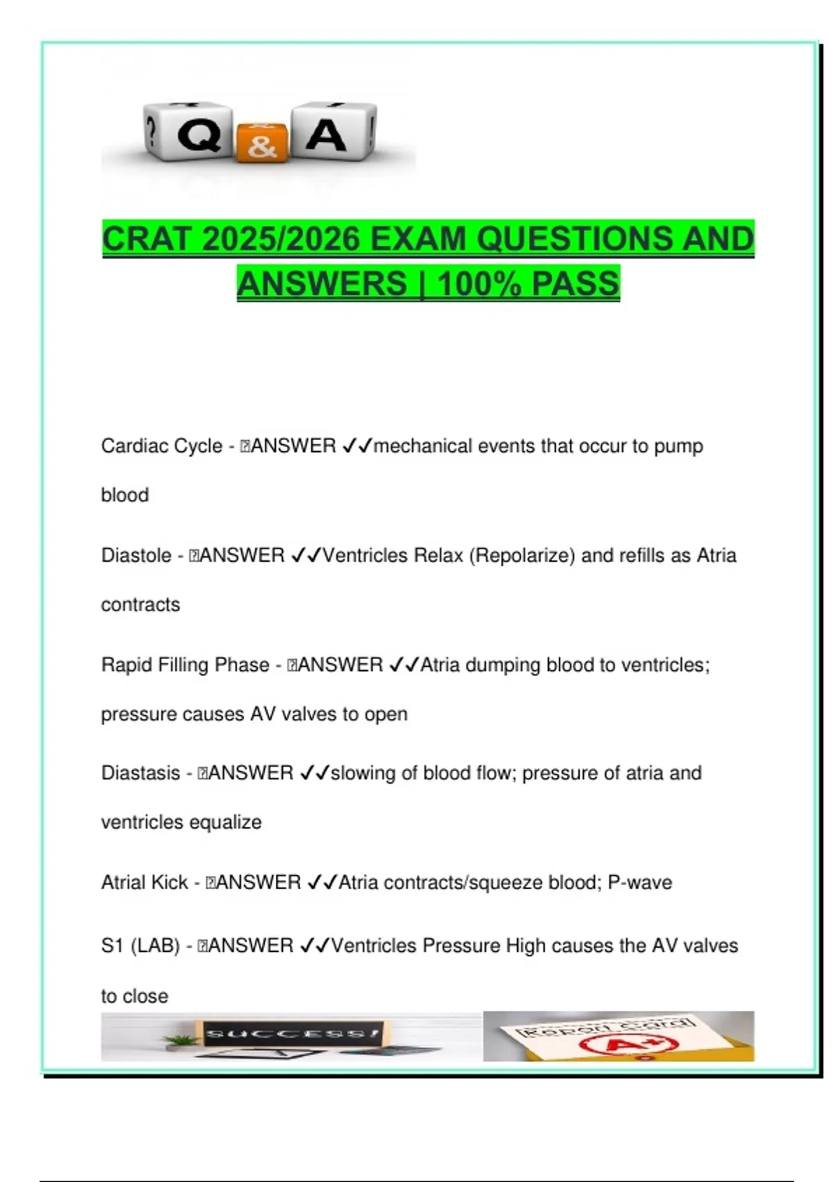 CRAT Exam Prep | 100 Questions with Verified Answers | Cardiac Cycle, ECG Leads, MI Phases ...