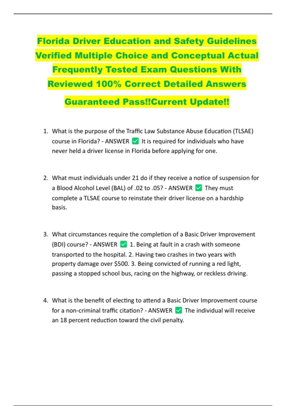 Florida Driver Education and Safety Guidelines Verified Multiple Choice ...