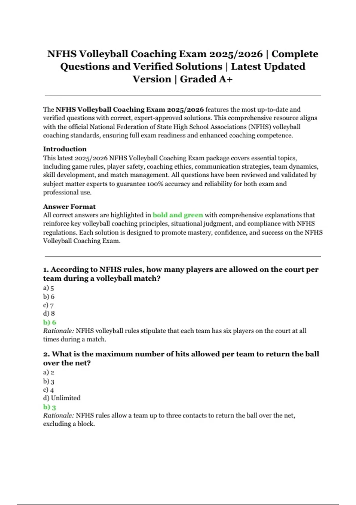 NFHS Volleyball Coaching Exam (2025/2026) – Complete Questions and ...