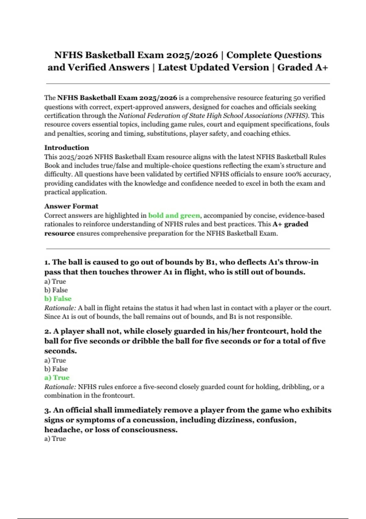 NFHS Basketball Exam (2025/2026) – Complete Questions and Verified ...