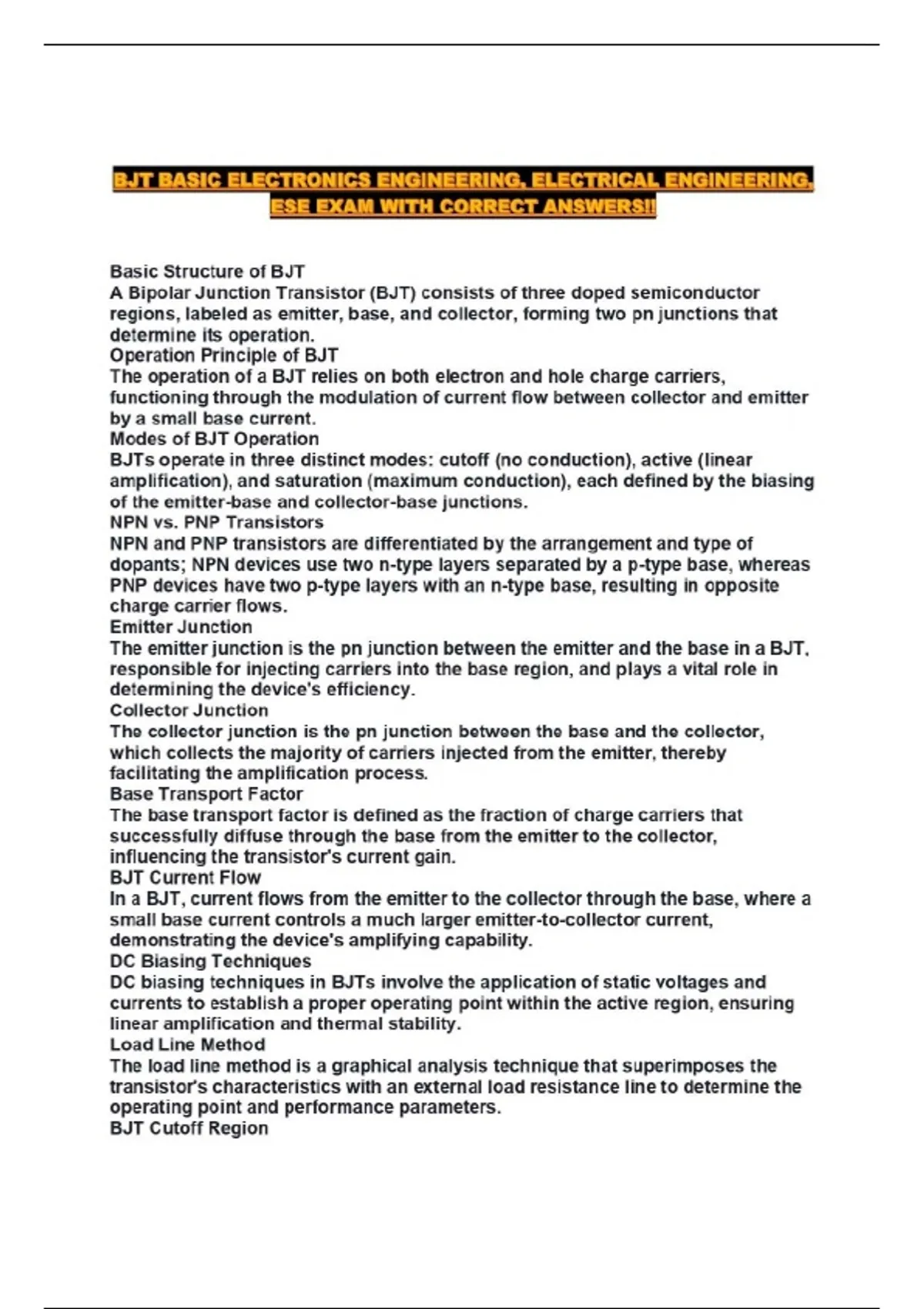 BJT BASIC ELECTRONICS ENGINEERING, ELECTRICAL ENGINEERING, ESE EXAM ...