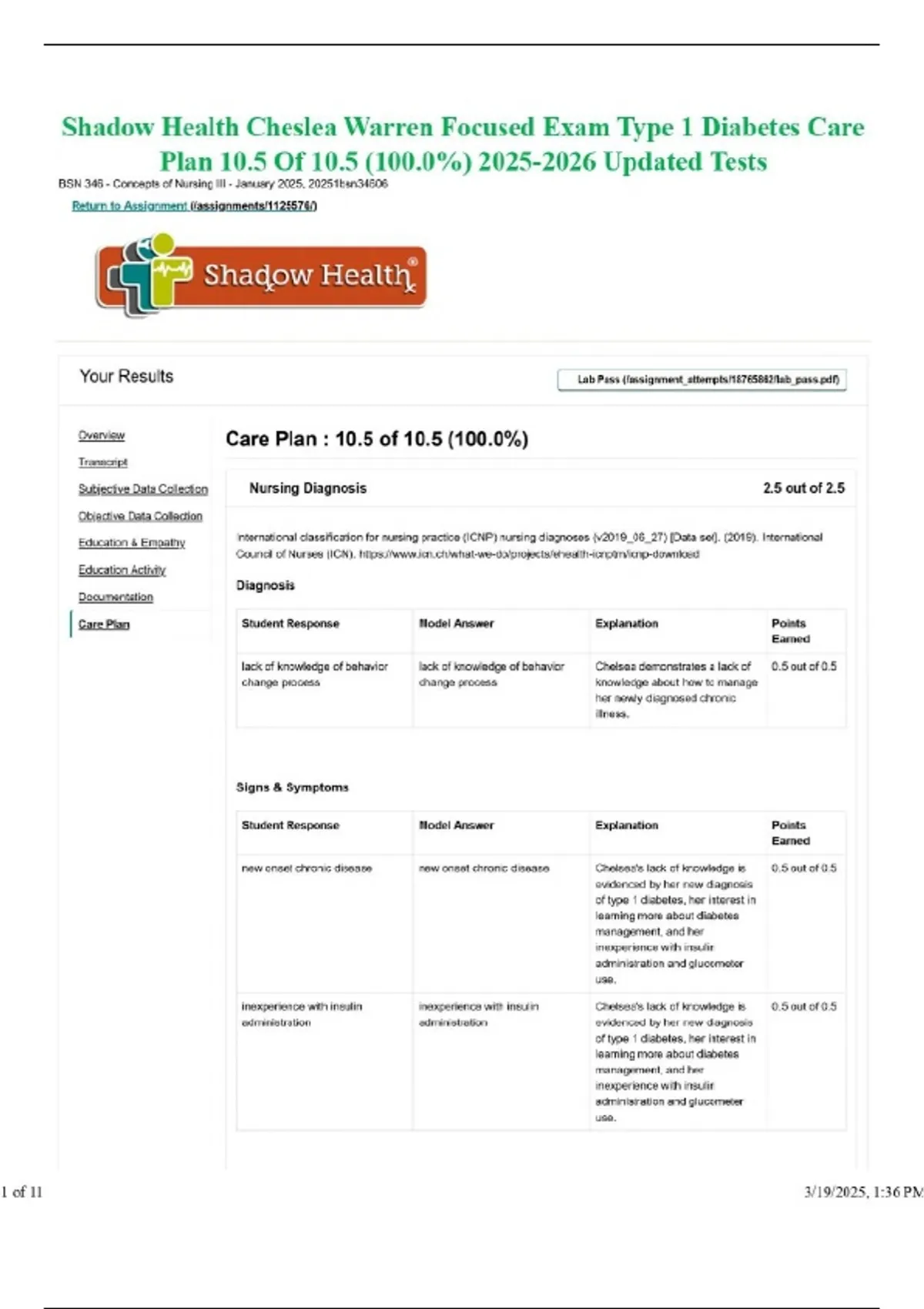 Shadow Health Cheslea Warren Focused Exam Type 1 Diabetes Care Plan 10. ...