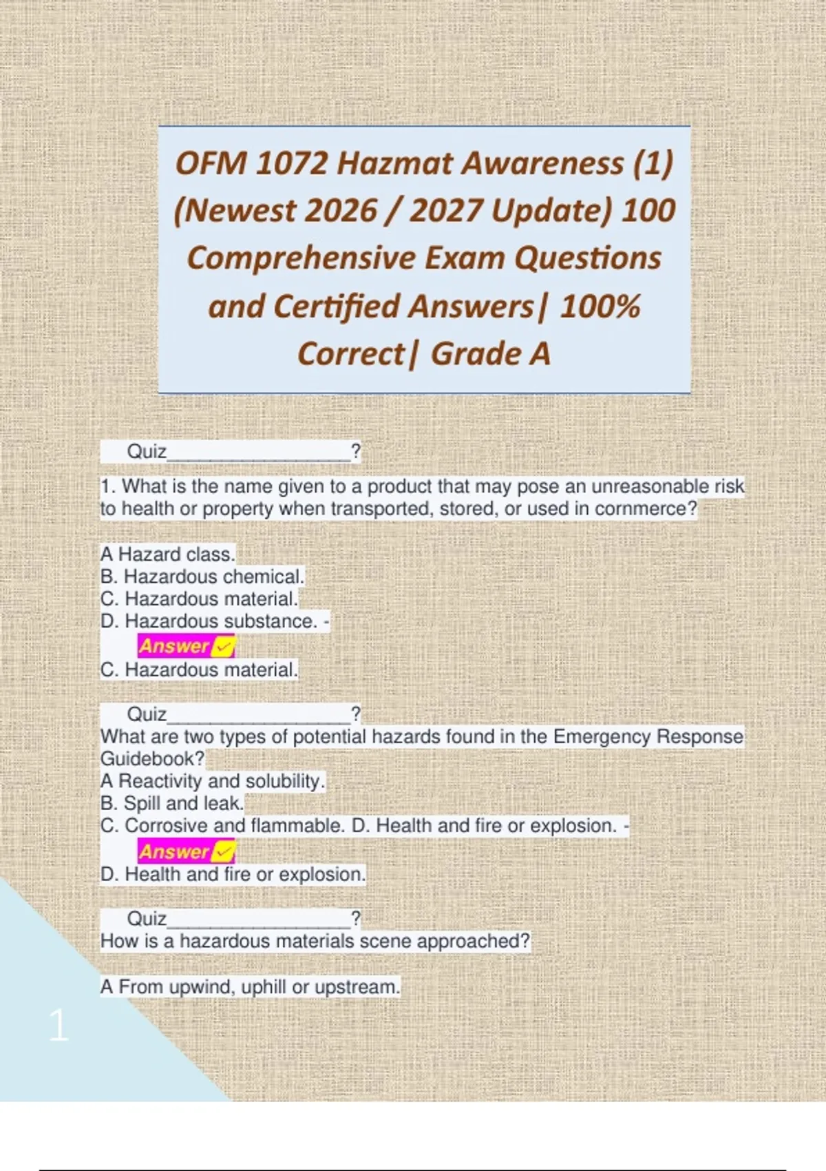OFM 1072 Hazmat Awareness Exam 1 & Exam2 Compilation BUNDLE (Newest ...