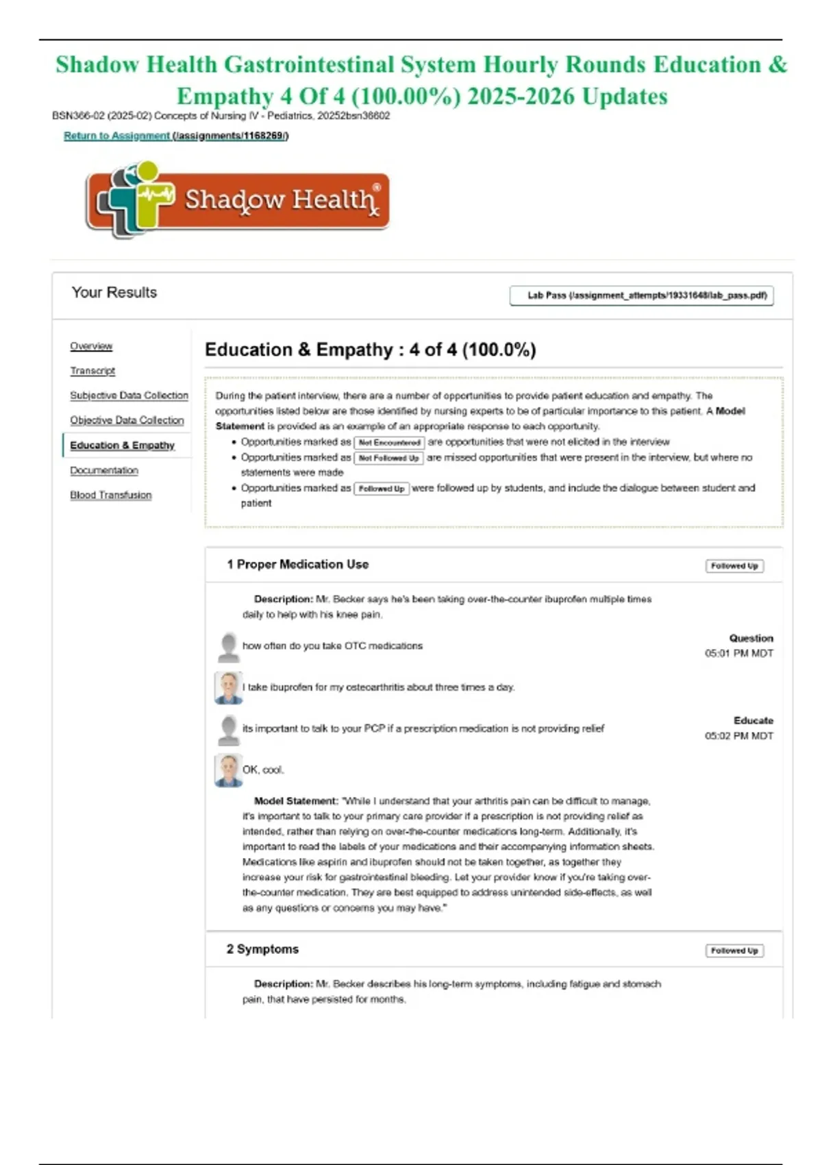 Shadow Health Gastrointestinal System Hourly Rounds Education & Empathy ...