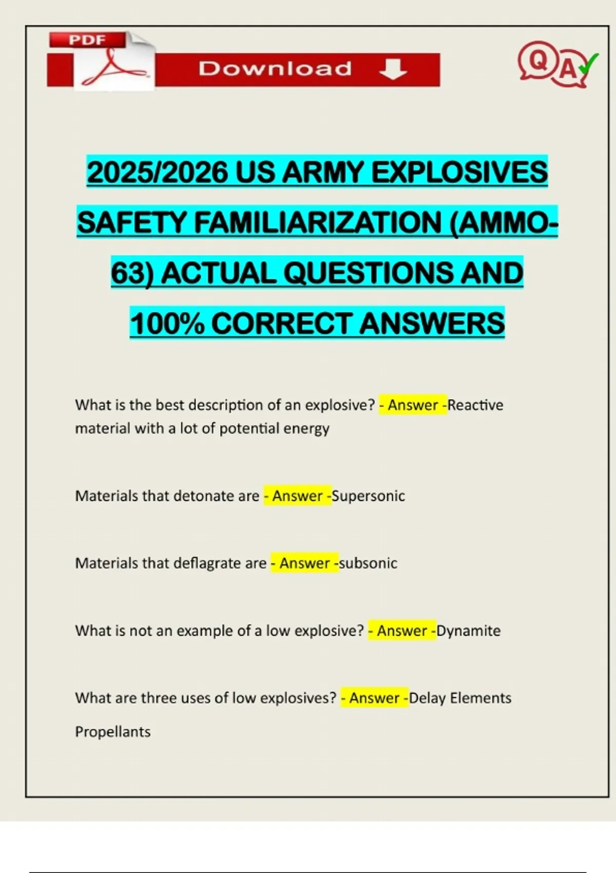 2025/2026 US ARMY EXPLOSIVES SAFETY FAMILIARIZATION (AMMO- 63) ACTUAL ...