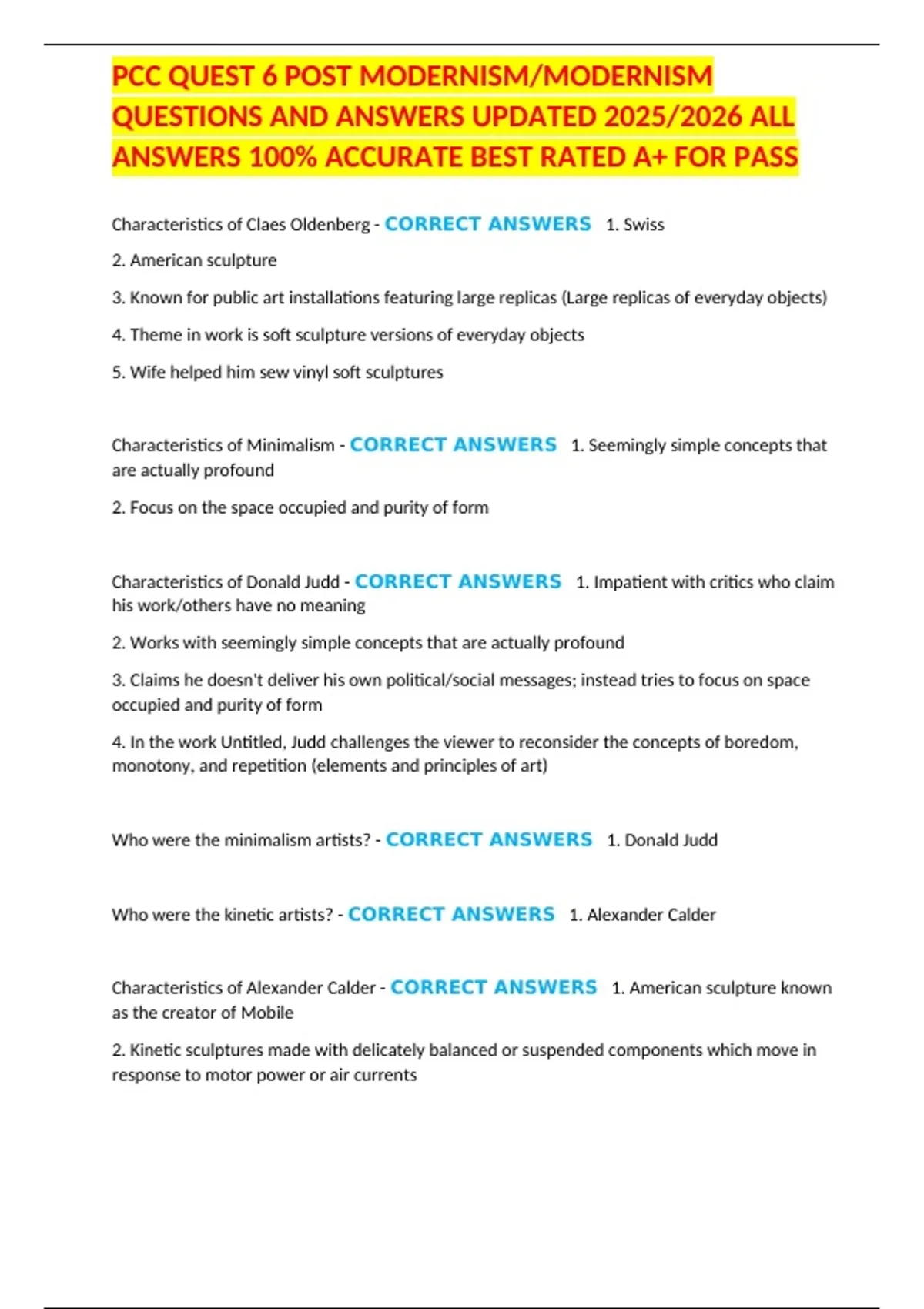 PCC QUEST 6 POST MODERNISM/MODERNISM QUESTIONS AND ANSWERS UPDATED 2025 ...