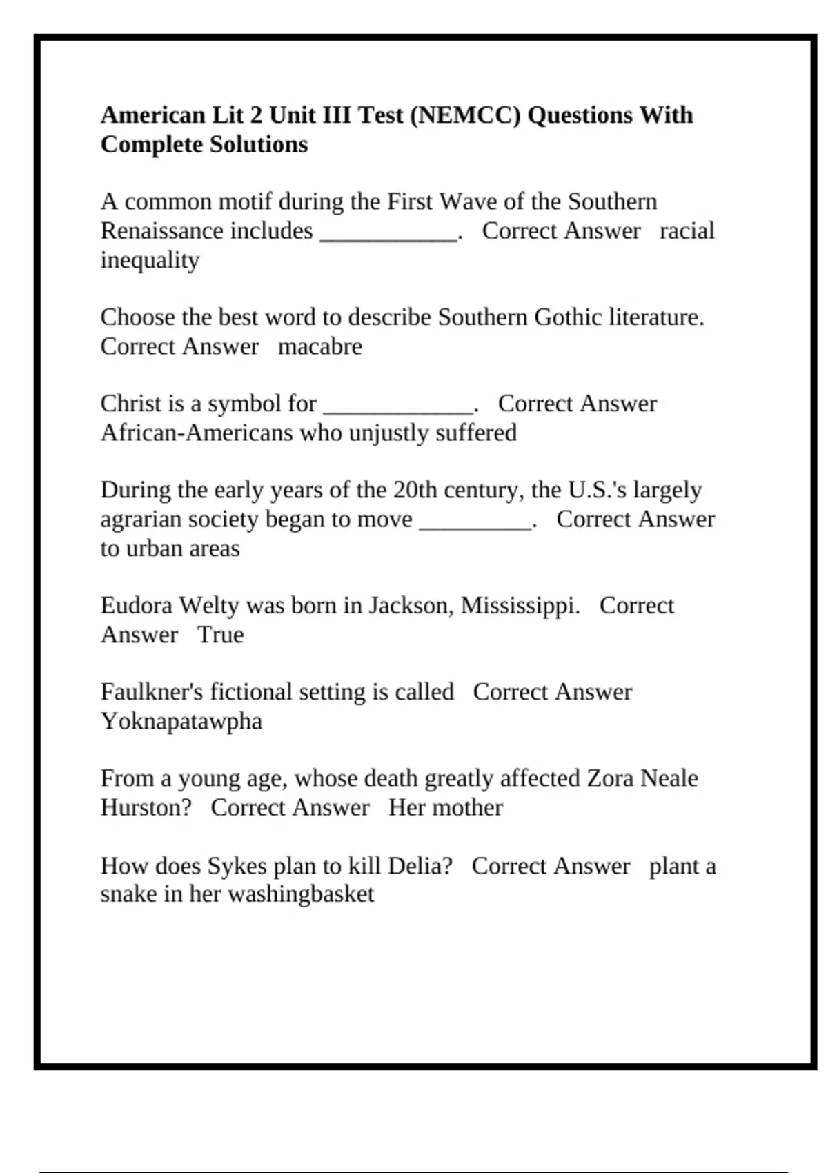 American Lit 2 Unit III Test (NEMCC) Questions With Complete Solutions ...