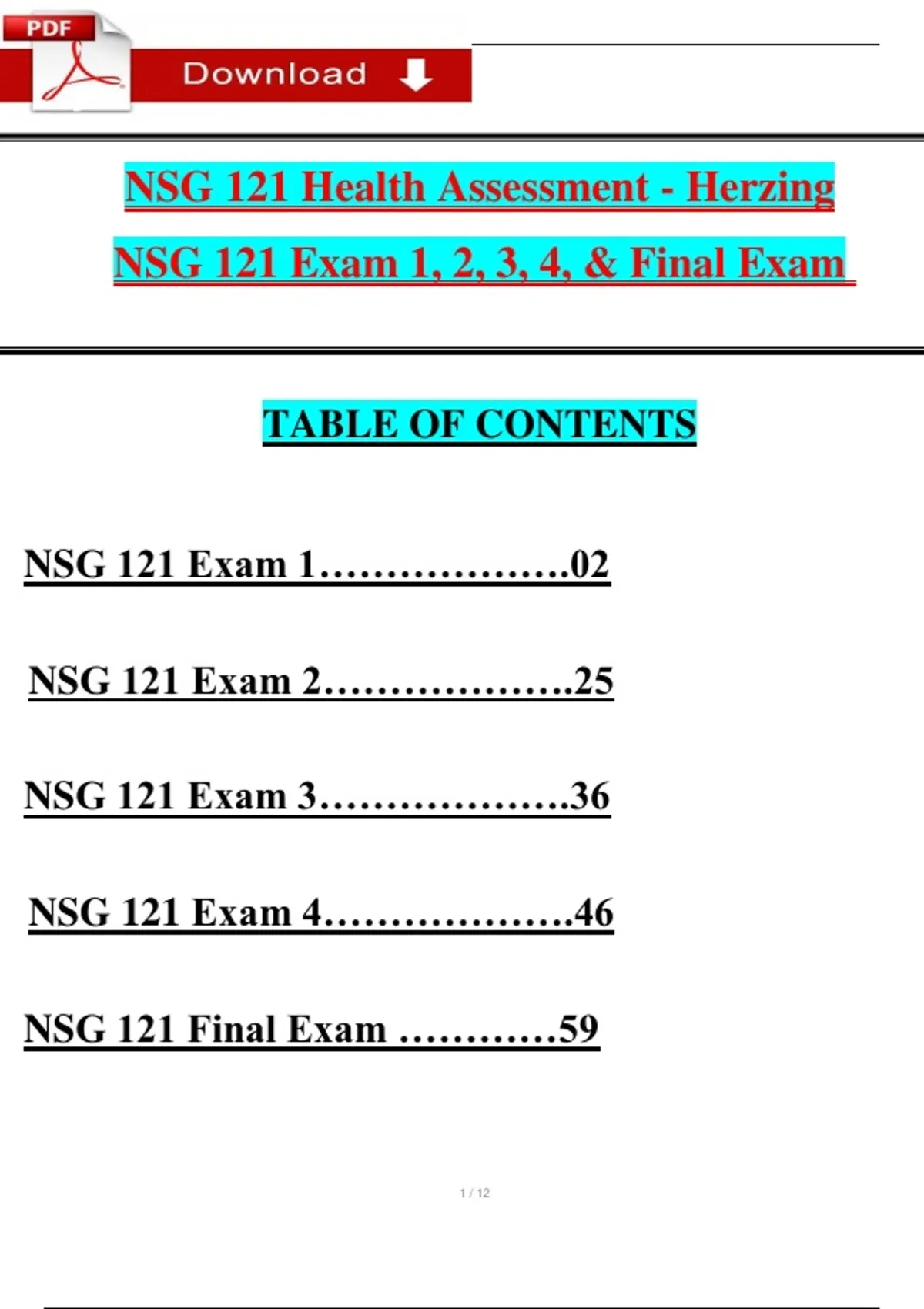 NSG 121 Health Assessment Herzing College Nursing Complete Exam Pack ...