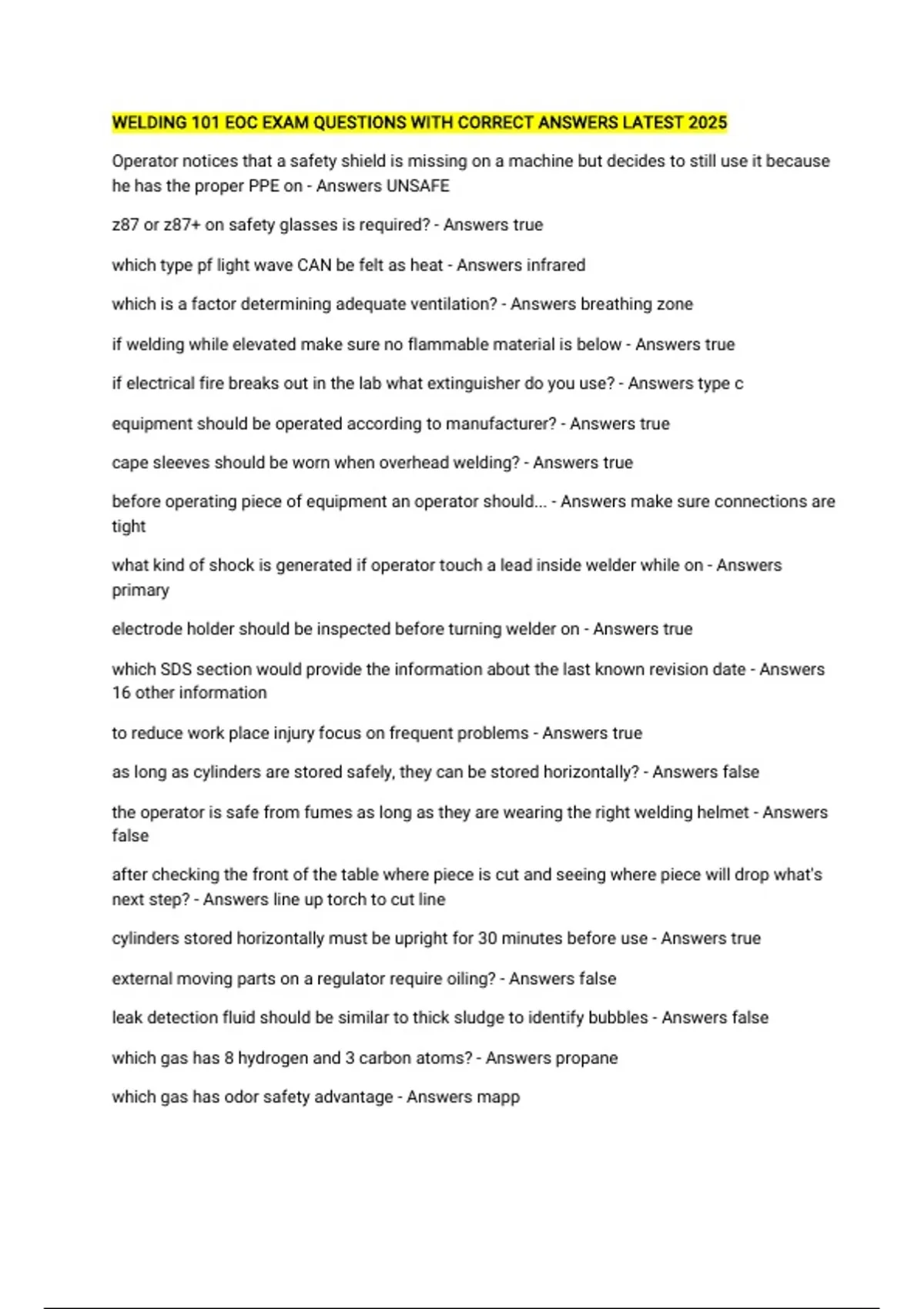 WELDING 101 EOC EXAM QUESTIONS WITH CORRECT ANSWERS LATEST 2025 ...