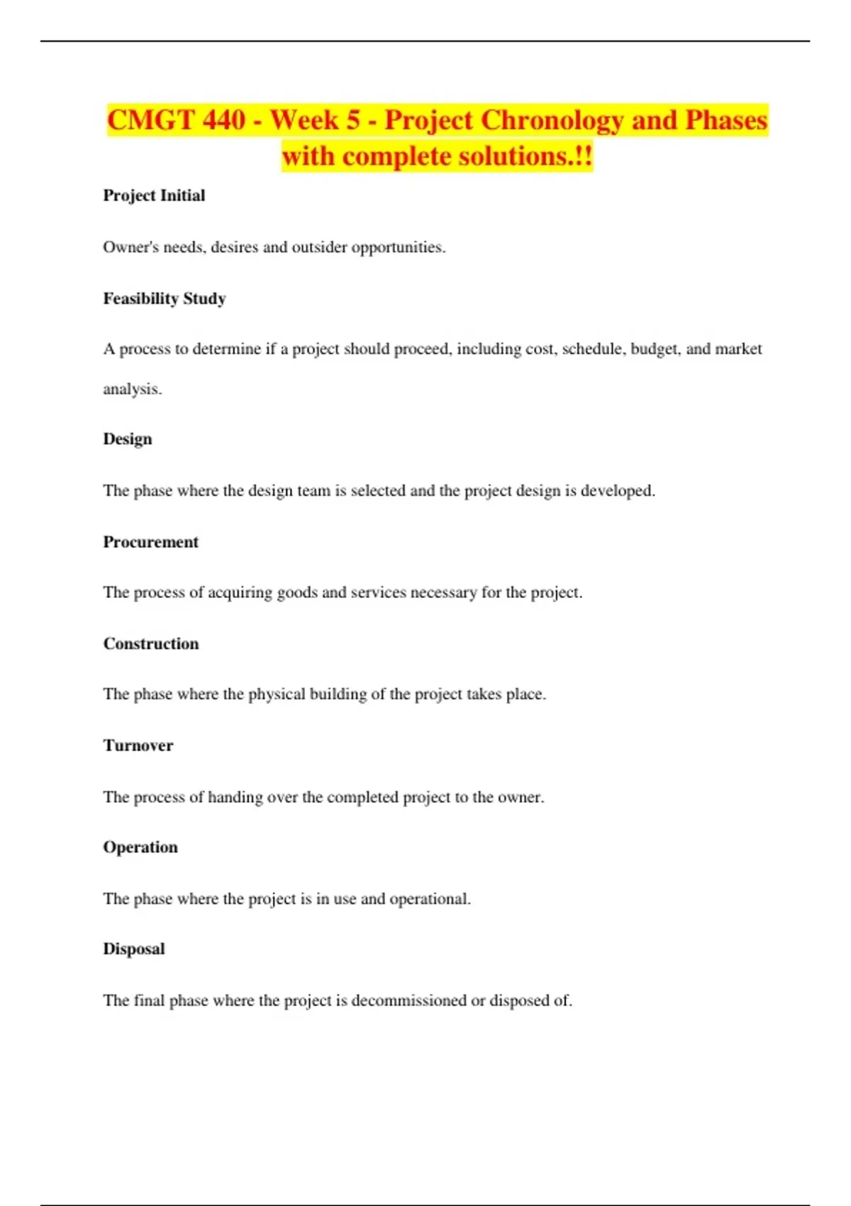 CMGT 440 - Week 5 - Project Chronology and Phases with complete ...