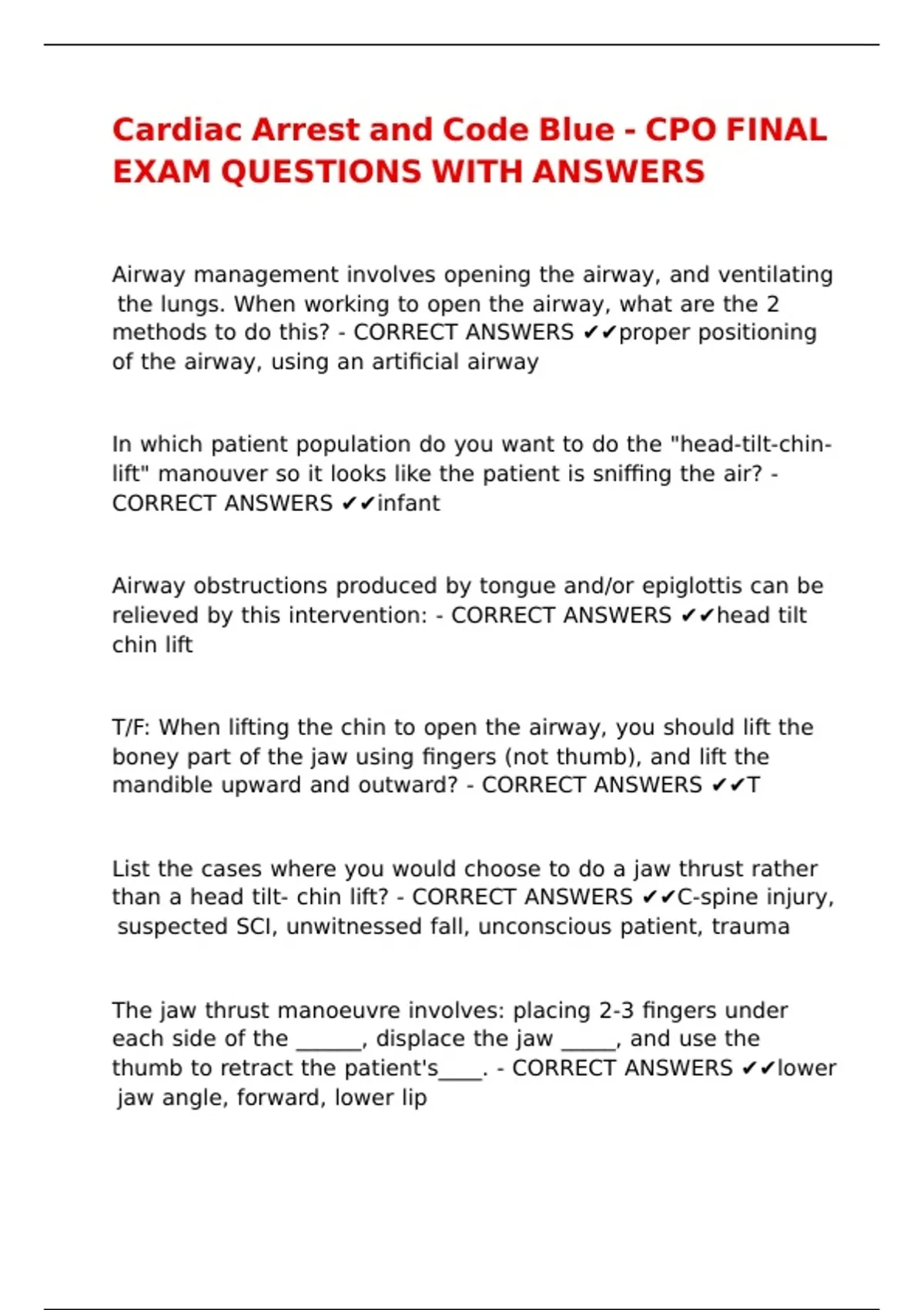 Cardiac Arrest and Code Blue - CPO FINAL EXAM QUESTIONS WITH ANSWERS. - ECG CPO - Stuvia US