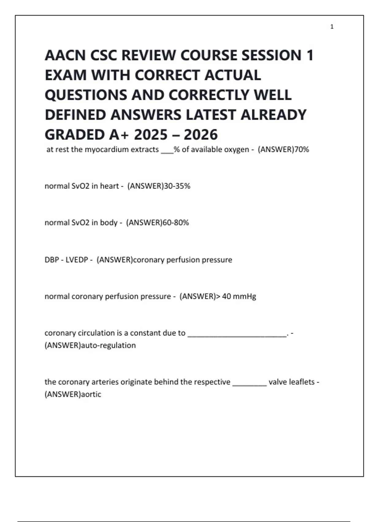 AACN CSC REVIEW COURSE SESSION 1 EXAM WITH CORRECT ACTUAL QUESTIONS AND ...