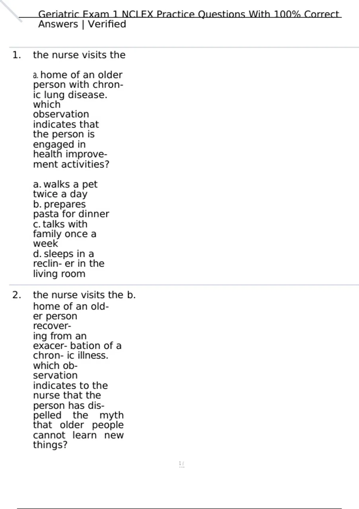 Geriatric Exam 1 NCLEX Practice Questions With 100% Correct Answers ...