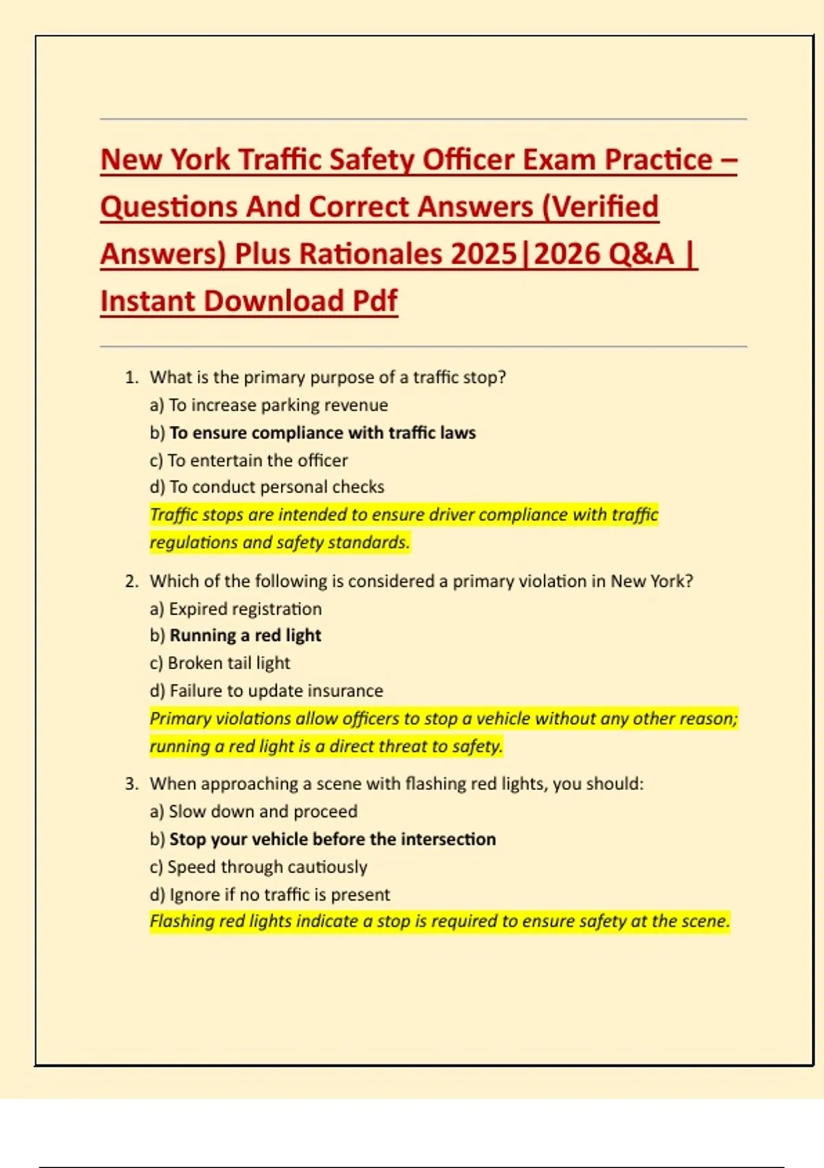 New York Traffic Safety Officer Exam Practice Questions And Correct ...