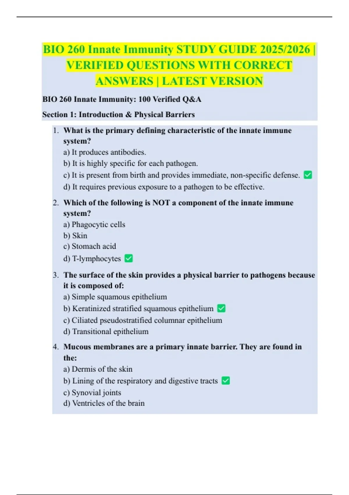 BIO 260 Innate Immunity STUDY GUIDE 2025/2026 | VERIFIED QUESTIONS WITH ...