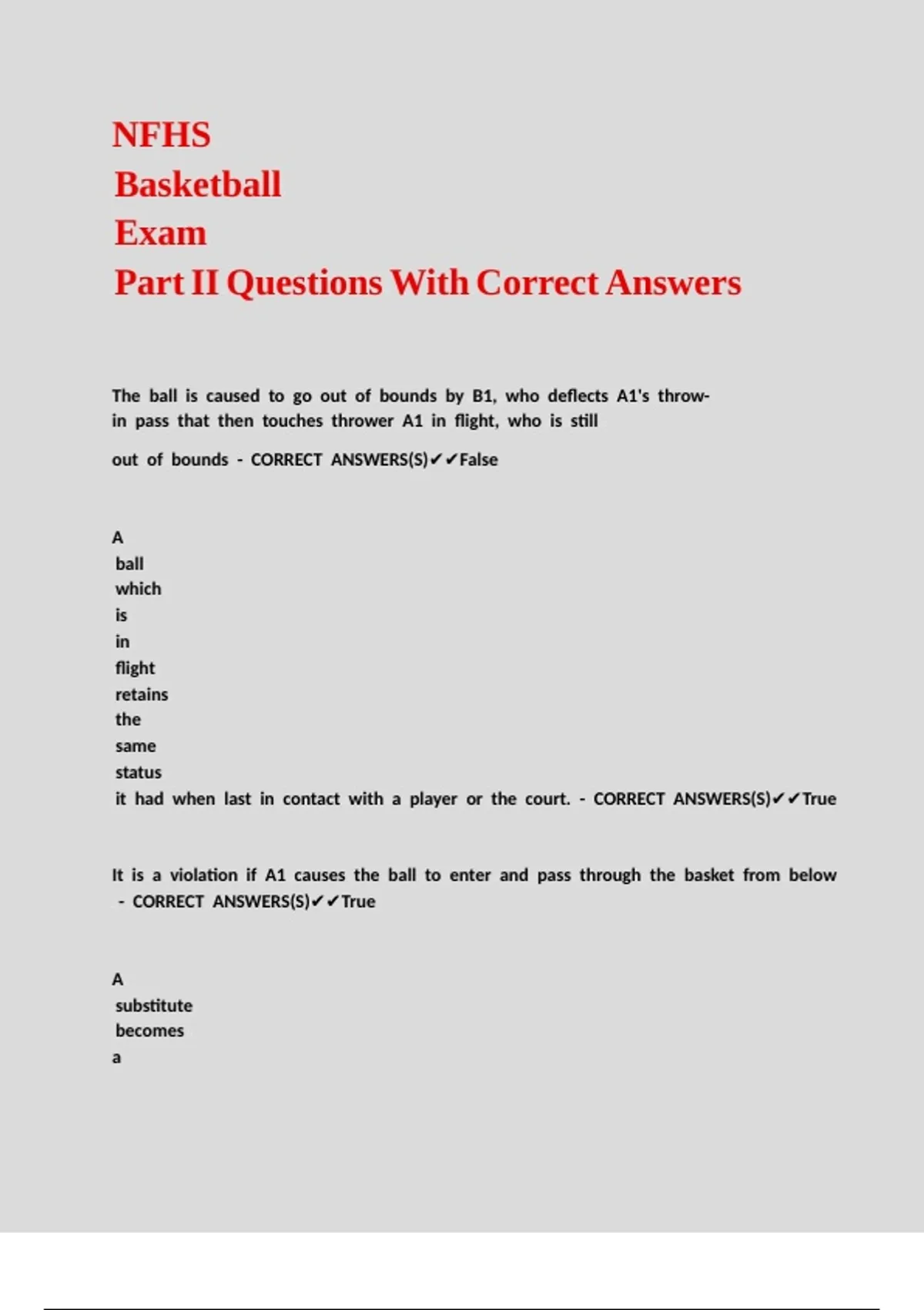 NFHS Basketball Exam Part II Questions With Correct Answers - Nfhs ...