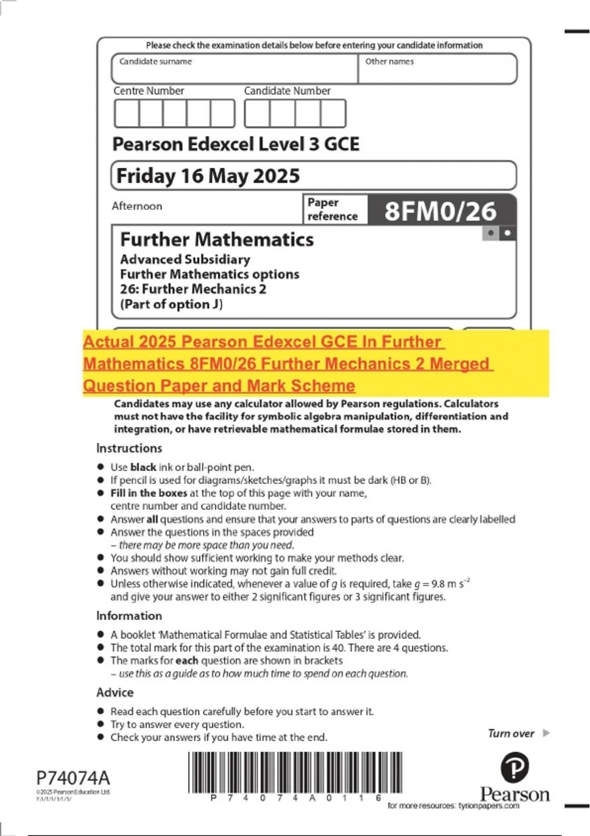 Actual 2025 Pearson Edexcel GCE In Further Mathematics 8FM0/26 Further ...