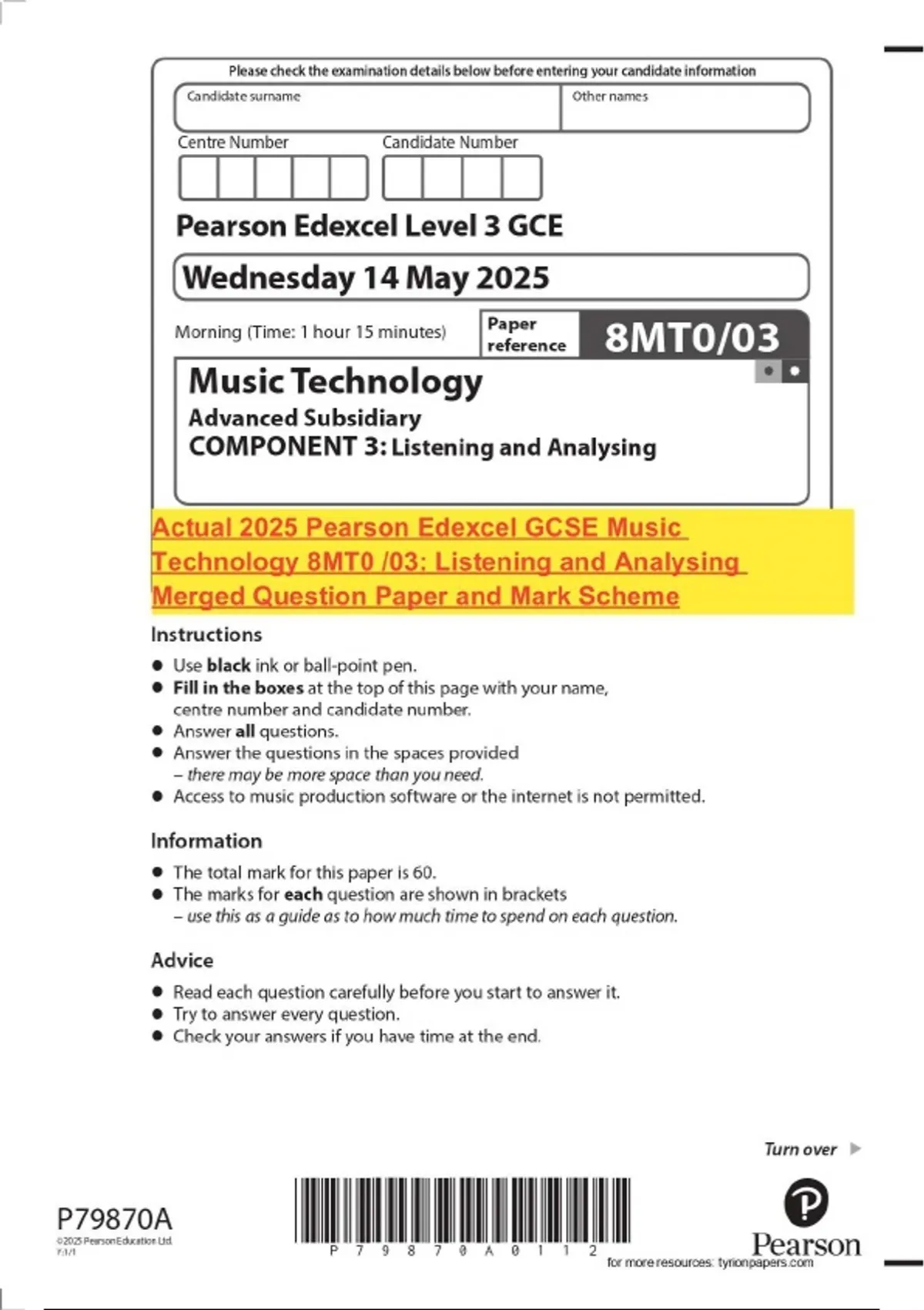 Actual 2025 Pearson Edexcel GCSE Music Technology 8MT0 /03: Listening ...