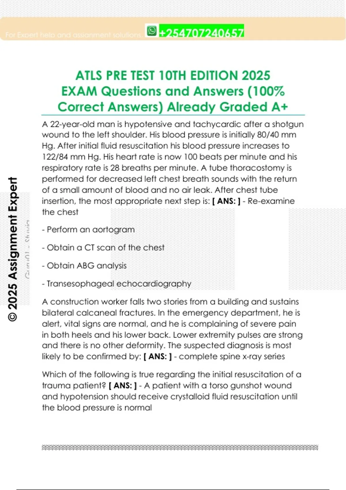 ATLS PRE TEST 10TH EDITION 2025 EXAM Questions and Answers (100% ...