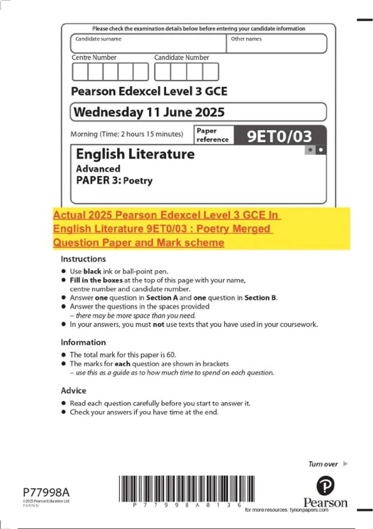 Actual 2025 Pearson Edexcel Level 3 GCE In English Literature 9ET0/03 ...