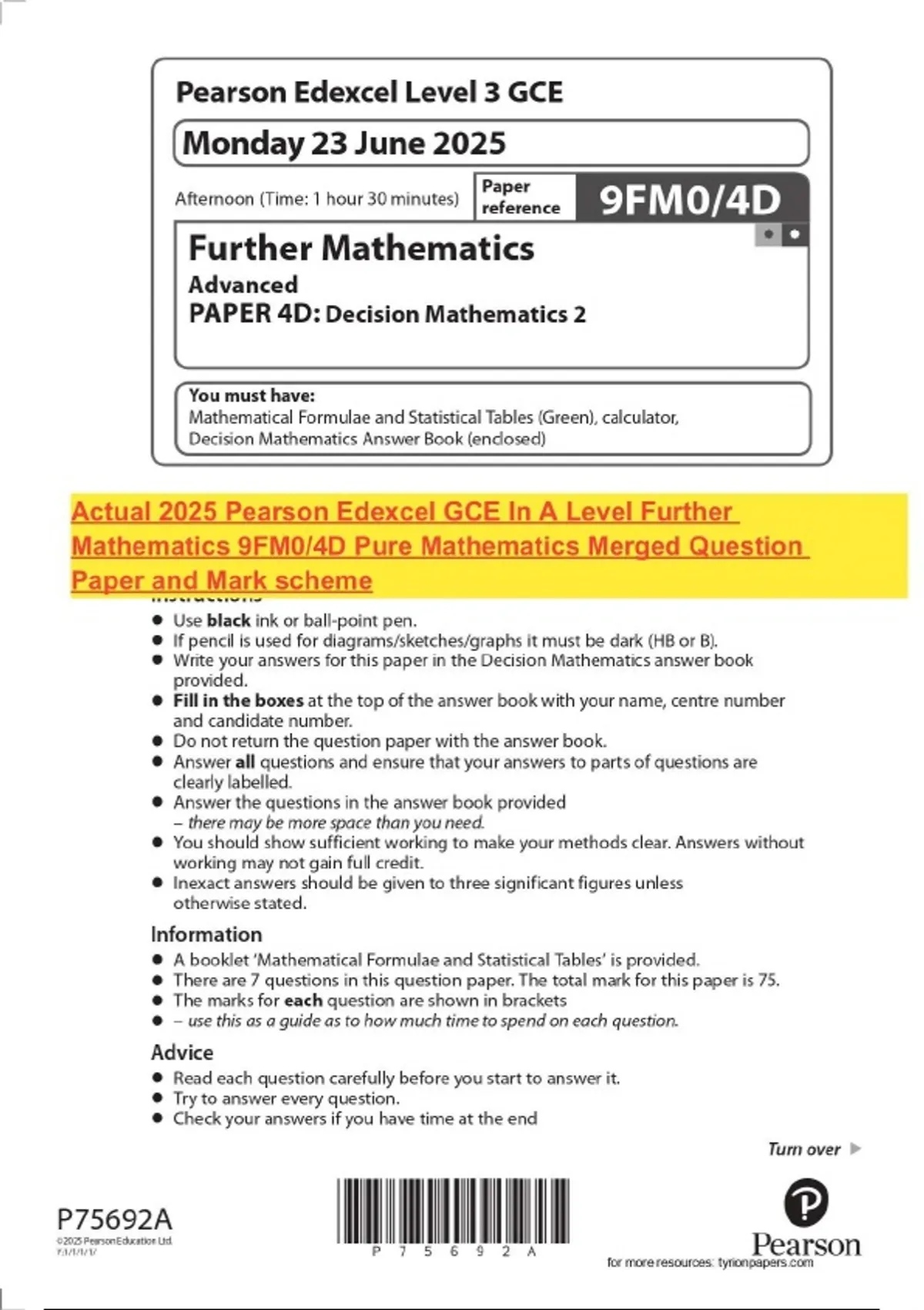 Actual 2025 Pearson Edexcel GCE In A Level Further Mathematics 9FM0/4D ...