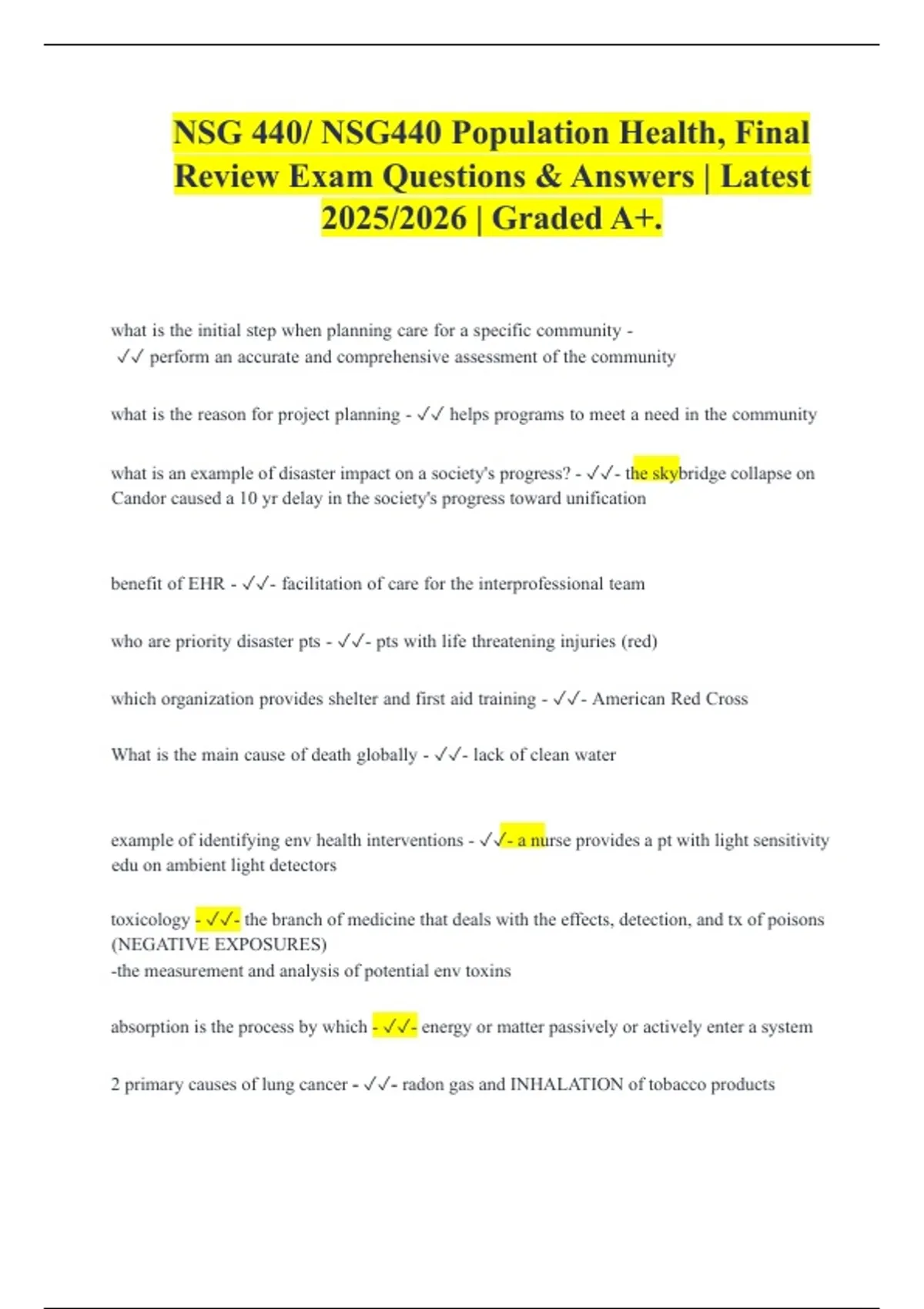 NSG 440/ NSG440 Population Health, Final Review Exam Questions ...