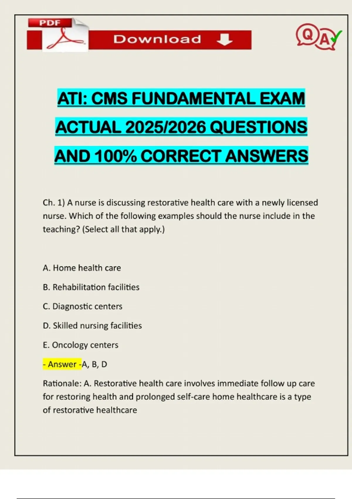 ATI: CMS FUNDAMENTAL EXAM ACTUAL 2025/2026 QUESTIONS AND 100% CORRECT ...