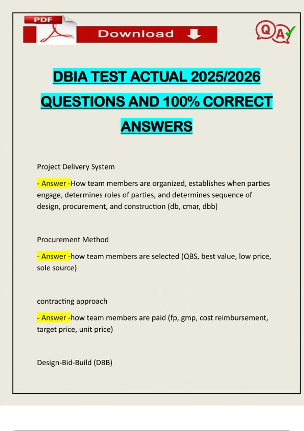 DBIA TEST ACTUAL 2025/2026 QUESTIONS AND 100% CORRECT ANSWERS - DBIA ...