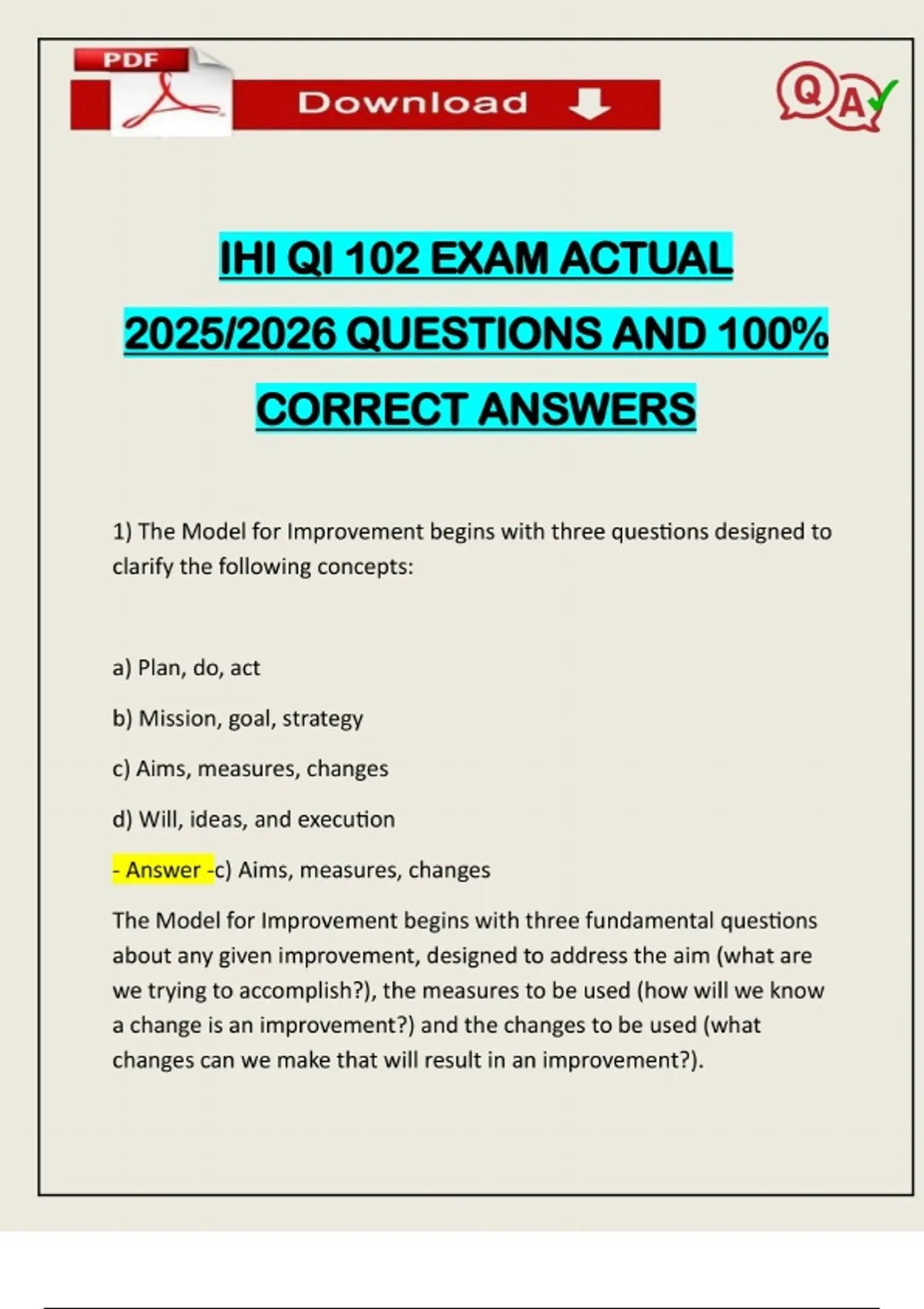 IHI QI 102 EXAM ACTUAL 2025/2026 QUESTIONS AND 100% CORRECT ANSWERS ...