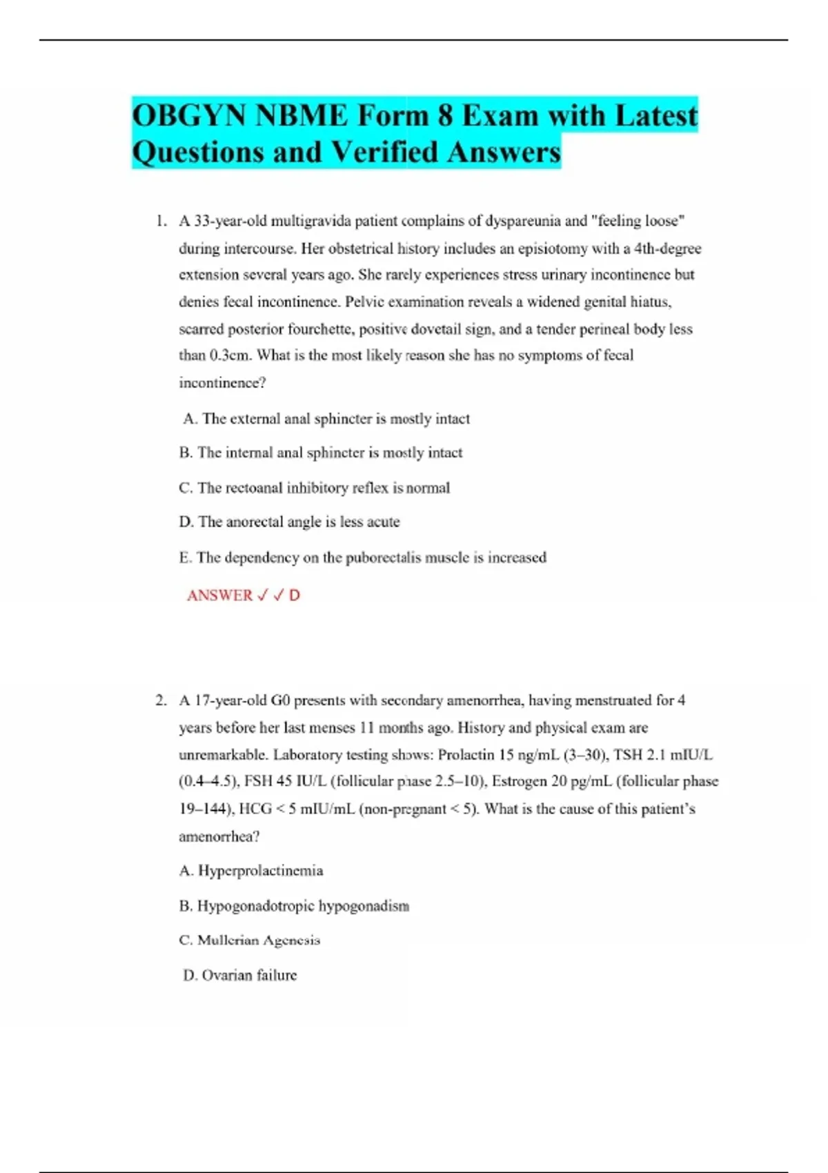 OBGYN NBME Form 8 Exam with Latest Questions and Verified Answers ...