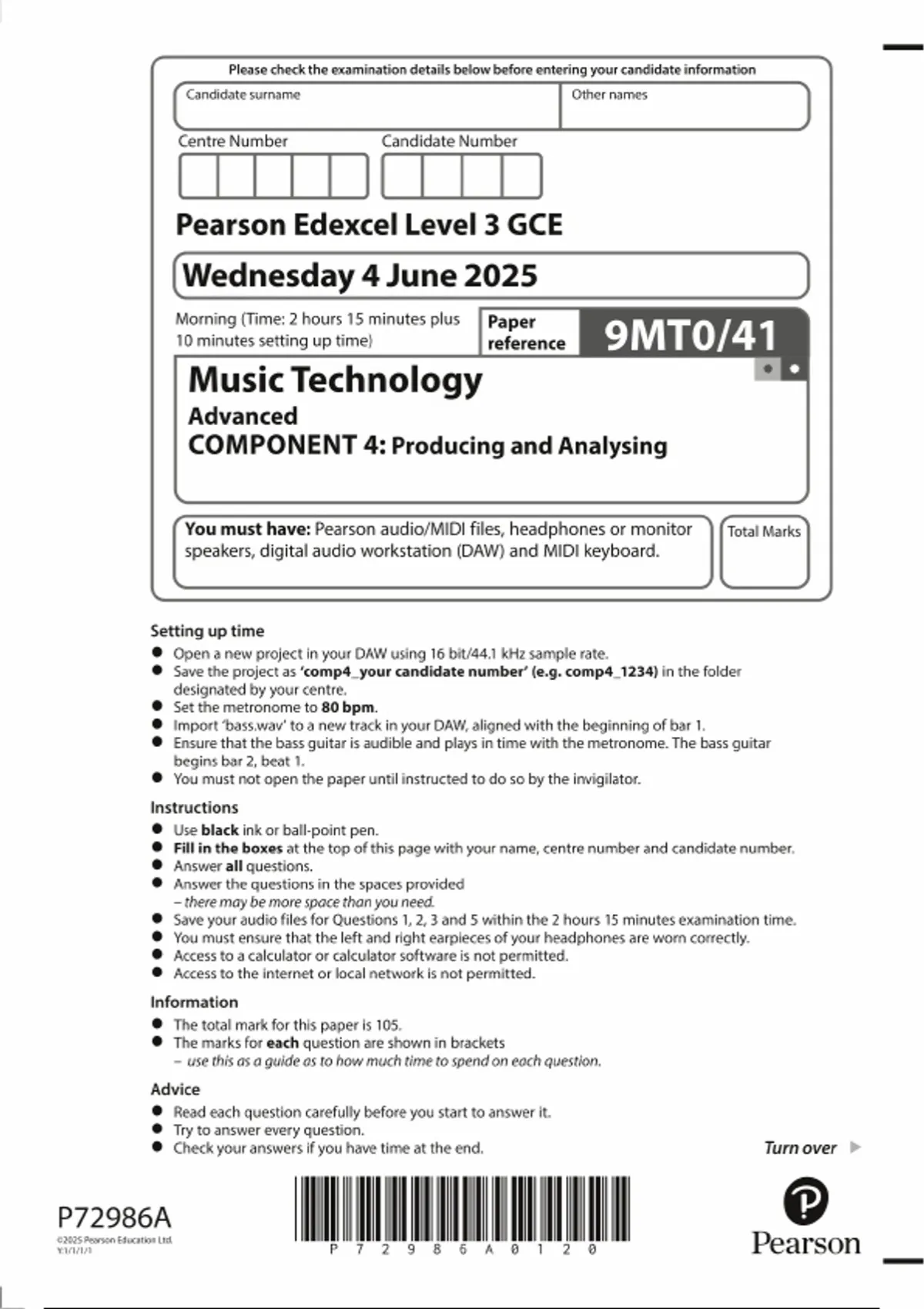 PEARSON EDEXCEL A LEVEL MUSIC TECHNOLOGY PAPER 4 QUESTION PAPER 2025 ...