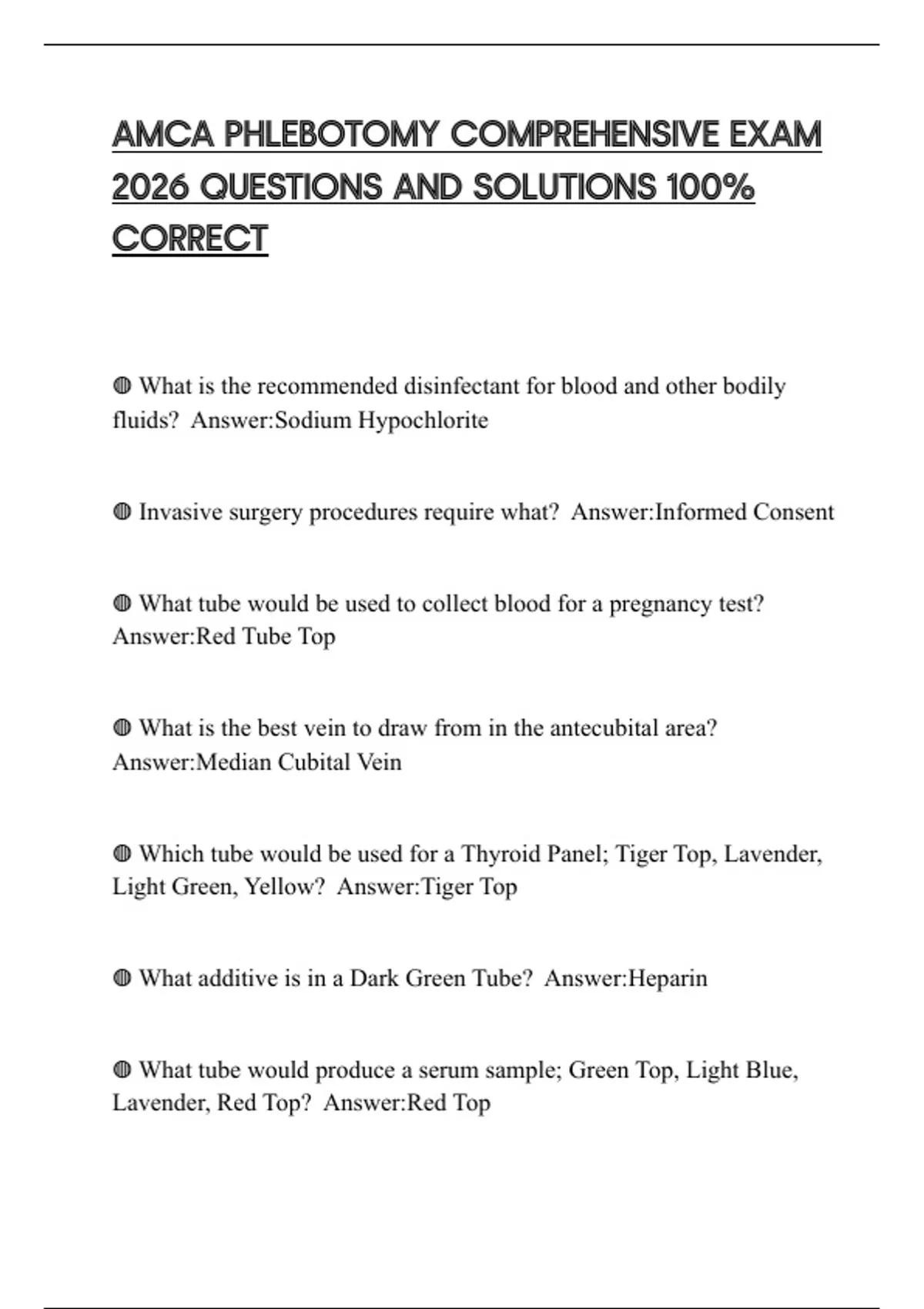 AMCA PHLEBOTOMY COMPREHENSIVE EXAM 2026 QUESTIONS AND SOLUTIONS 100% ...