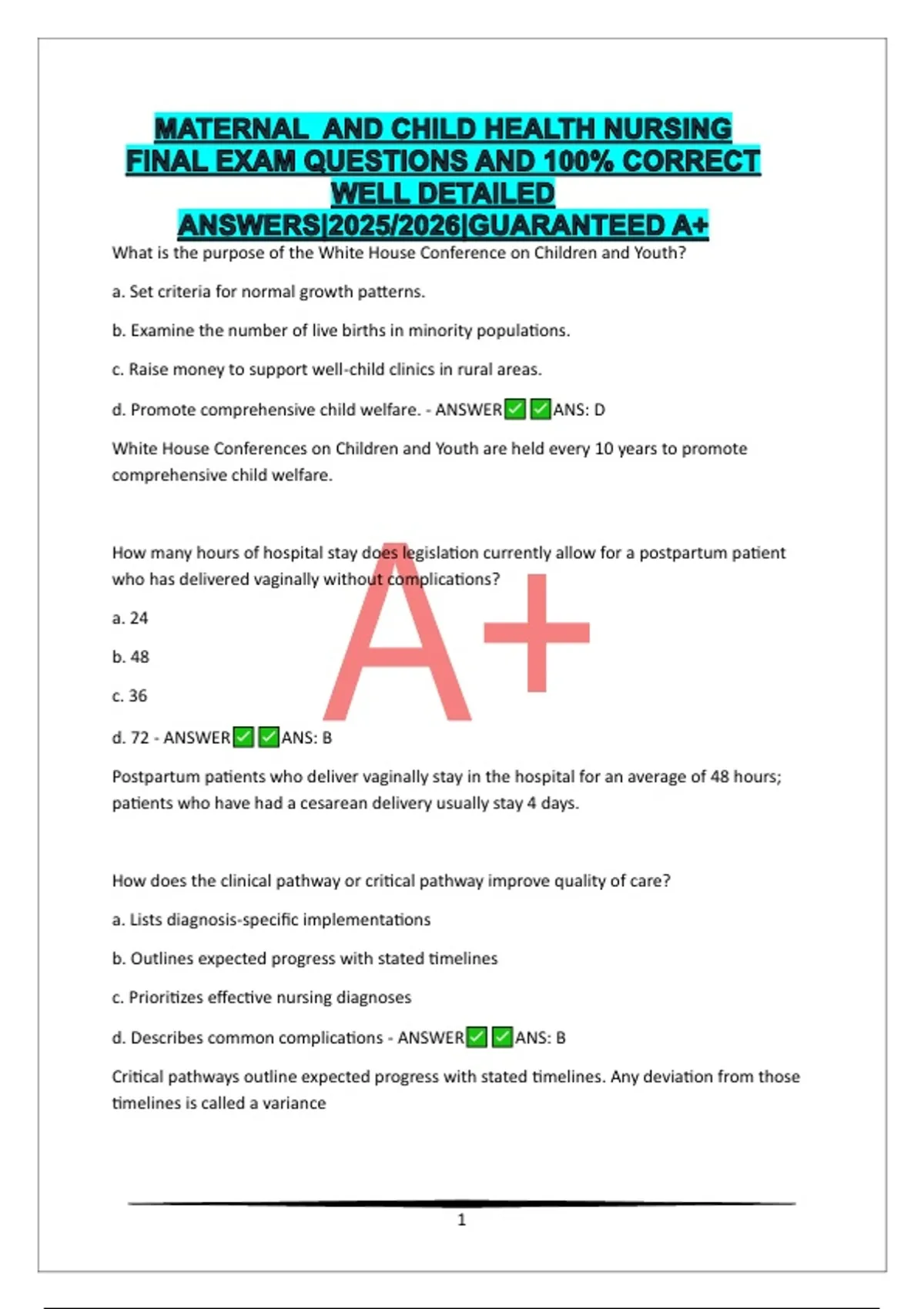 MATERNAL AND CHILD HEALTH NURSING FINAL EXAM QUESTIONS AND 100% CORRECT ...