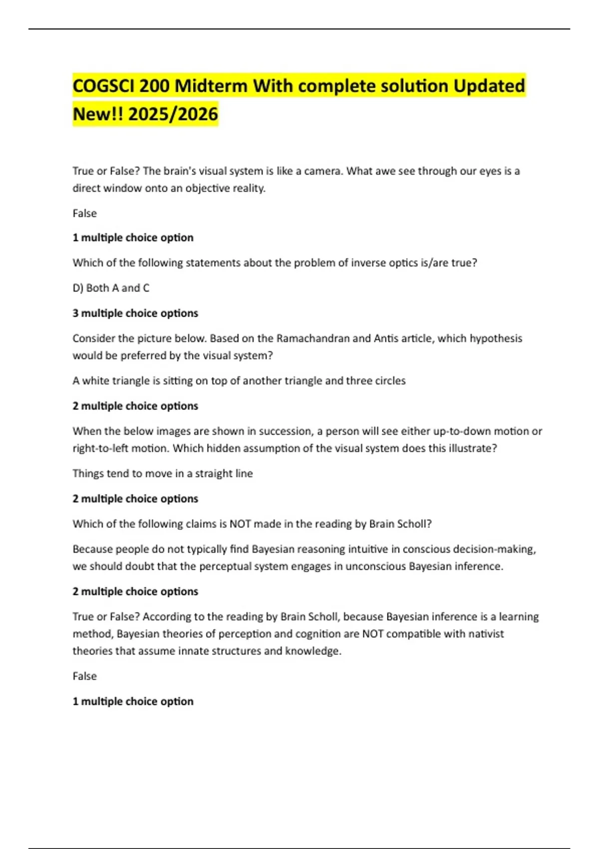 COGSCI 200 Midterm With complete solution Updated New!! 2025/2026 ...