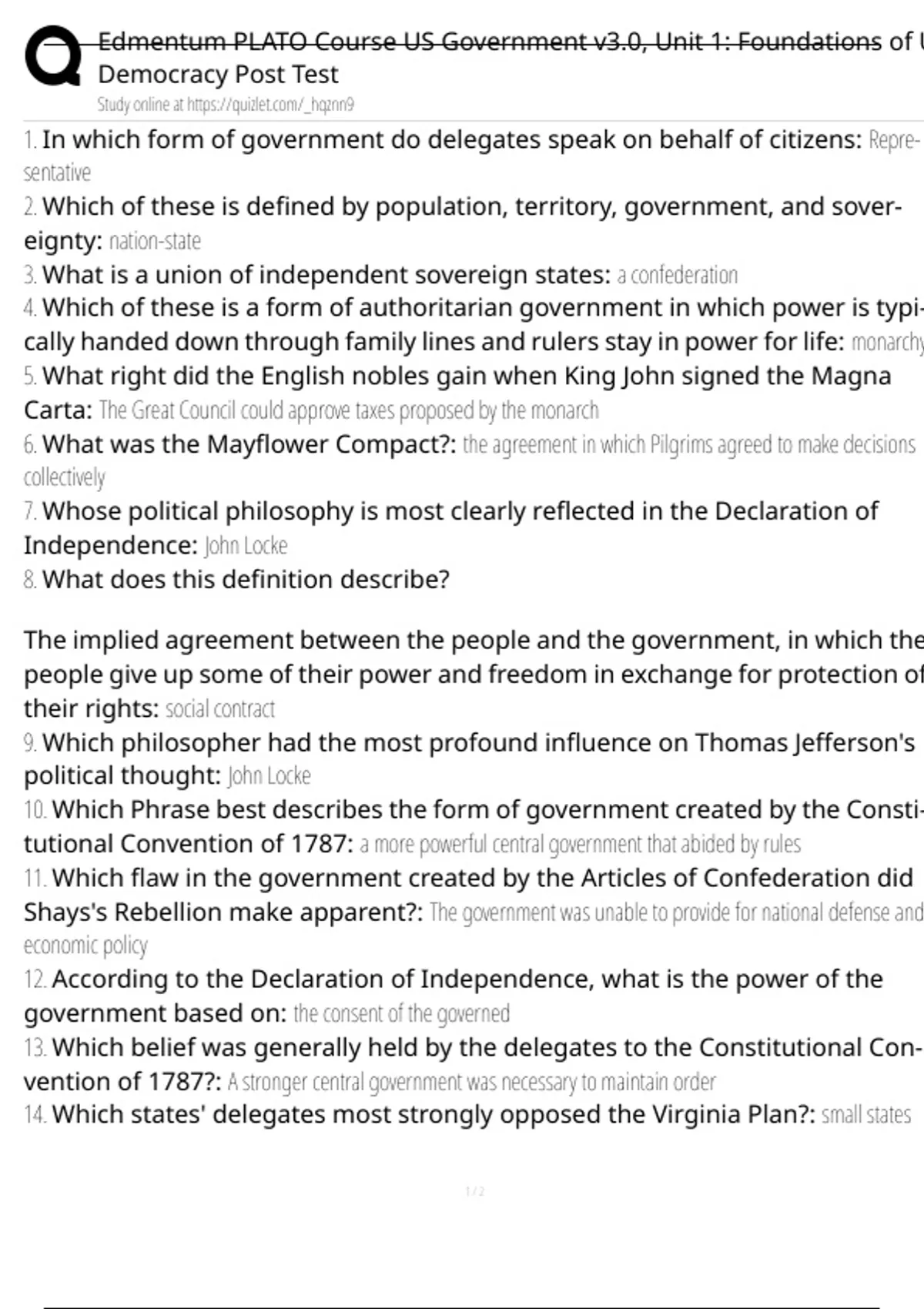 Edmentum PLATO Course US Government v3.0, Unit 1: Foundations of US ...