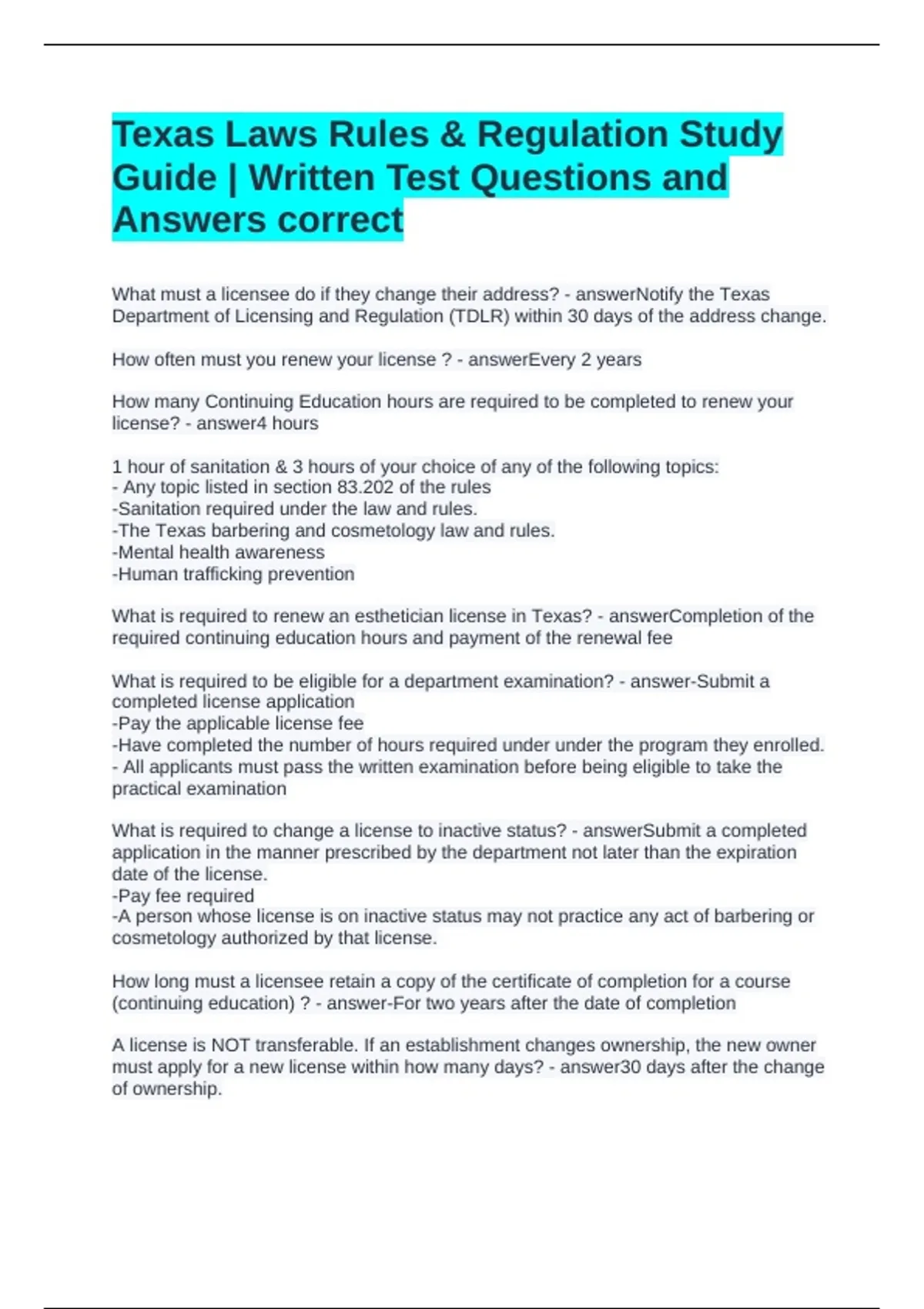 Texas Laws Rules & Regulation Study Guide | Written Test Questions and ...