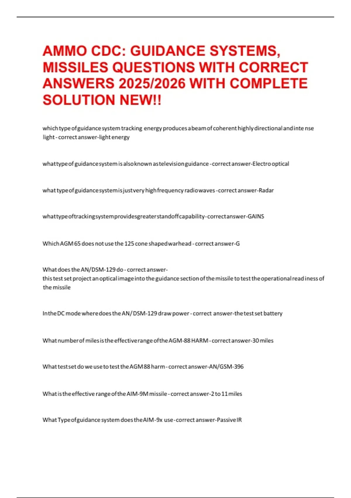 AMMO CDC: GUIDANCE SYSTEMS, MISSILES QUESTIONS WITH CORRECT ANSWERS ...