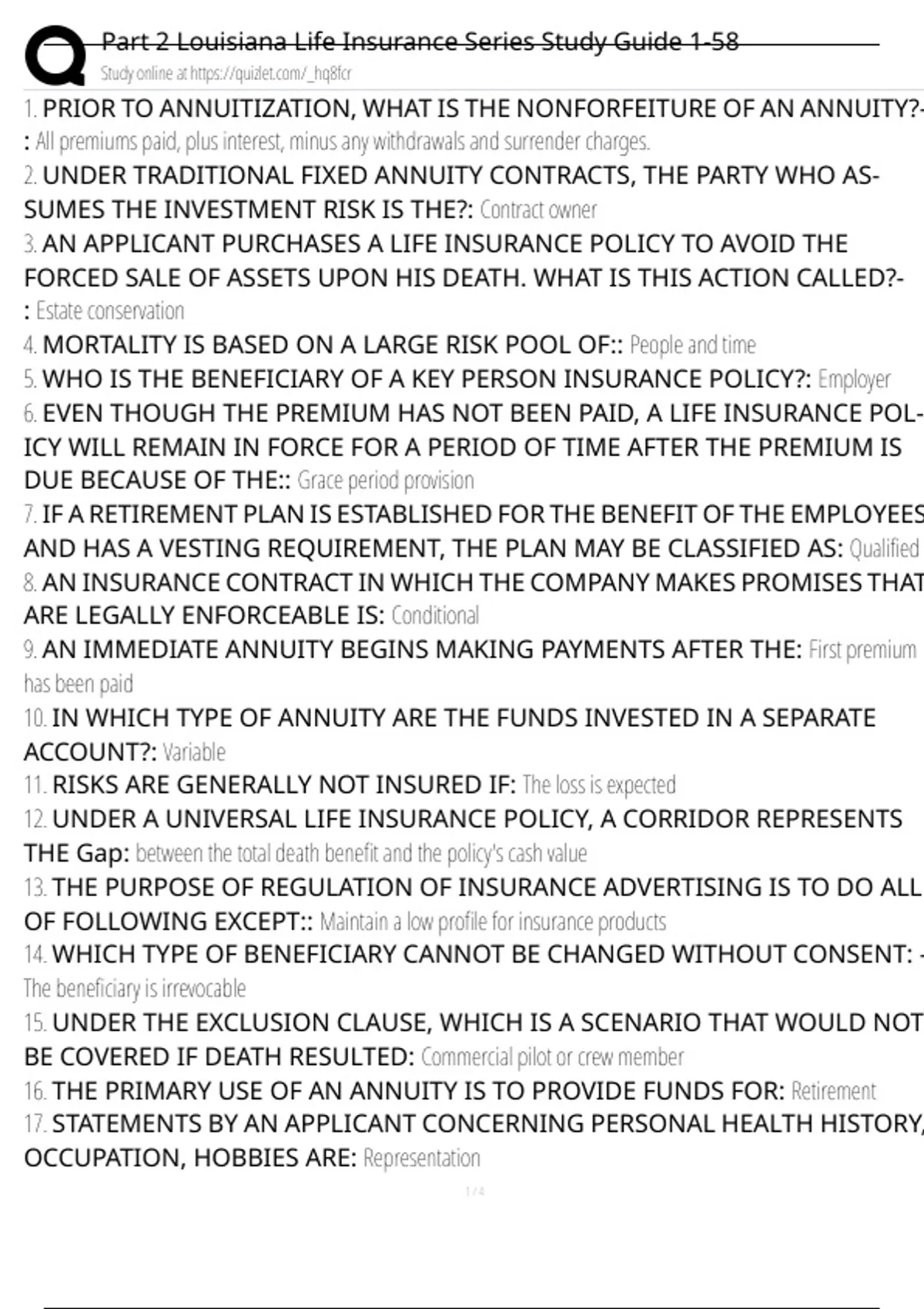 Part 2 Louisiana Life Insurance Series Study Guide 1-58 Exam Questions ...