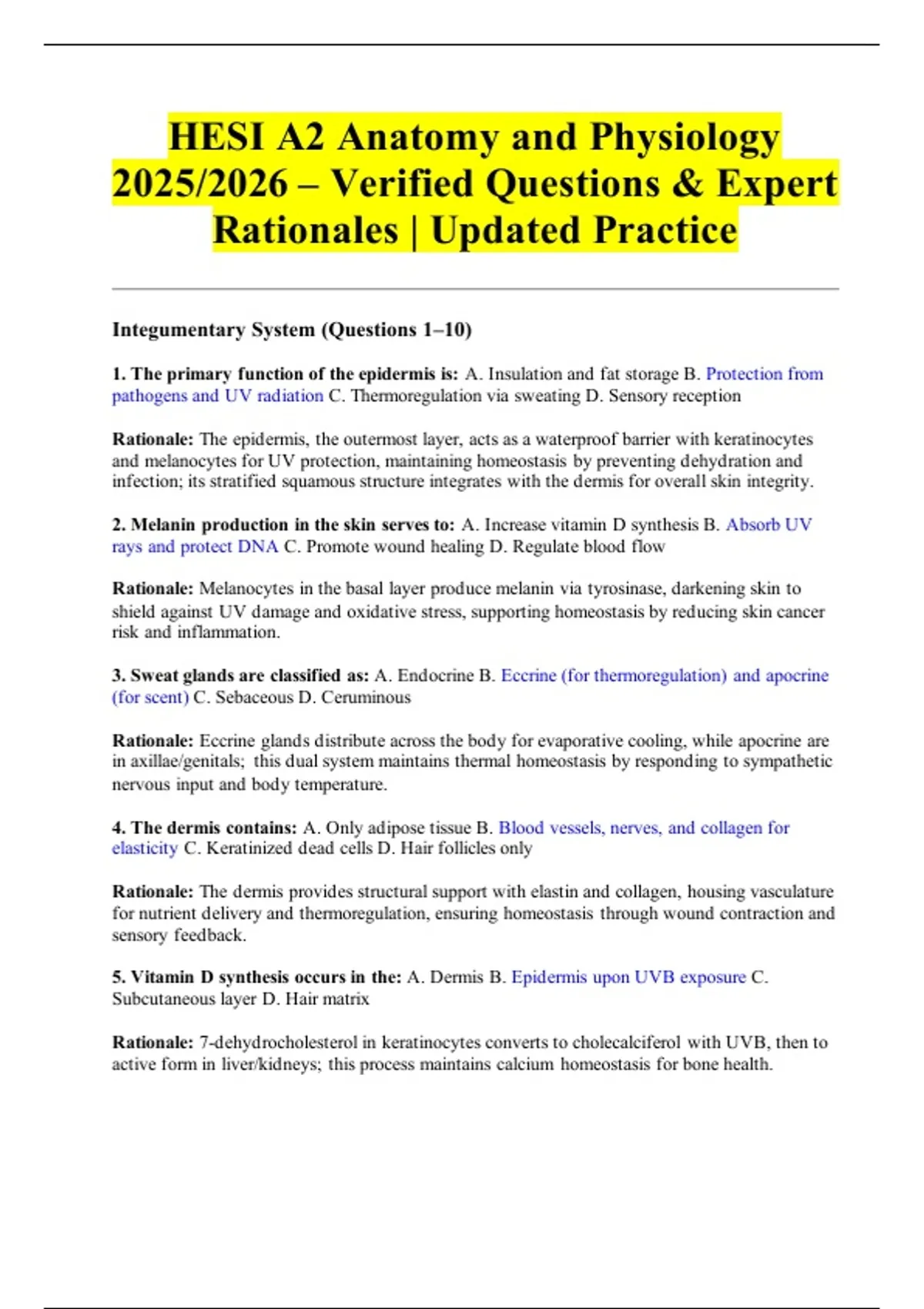 HESI A2 Anatomy and Physiology 2025/2026 – Verified Questions & Expert ...