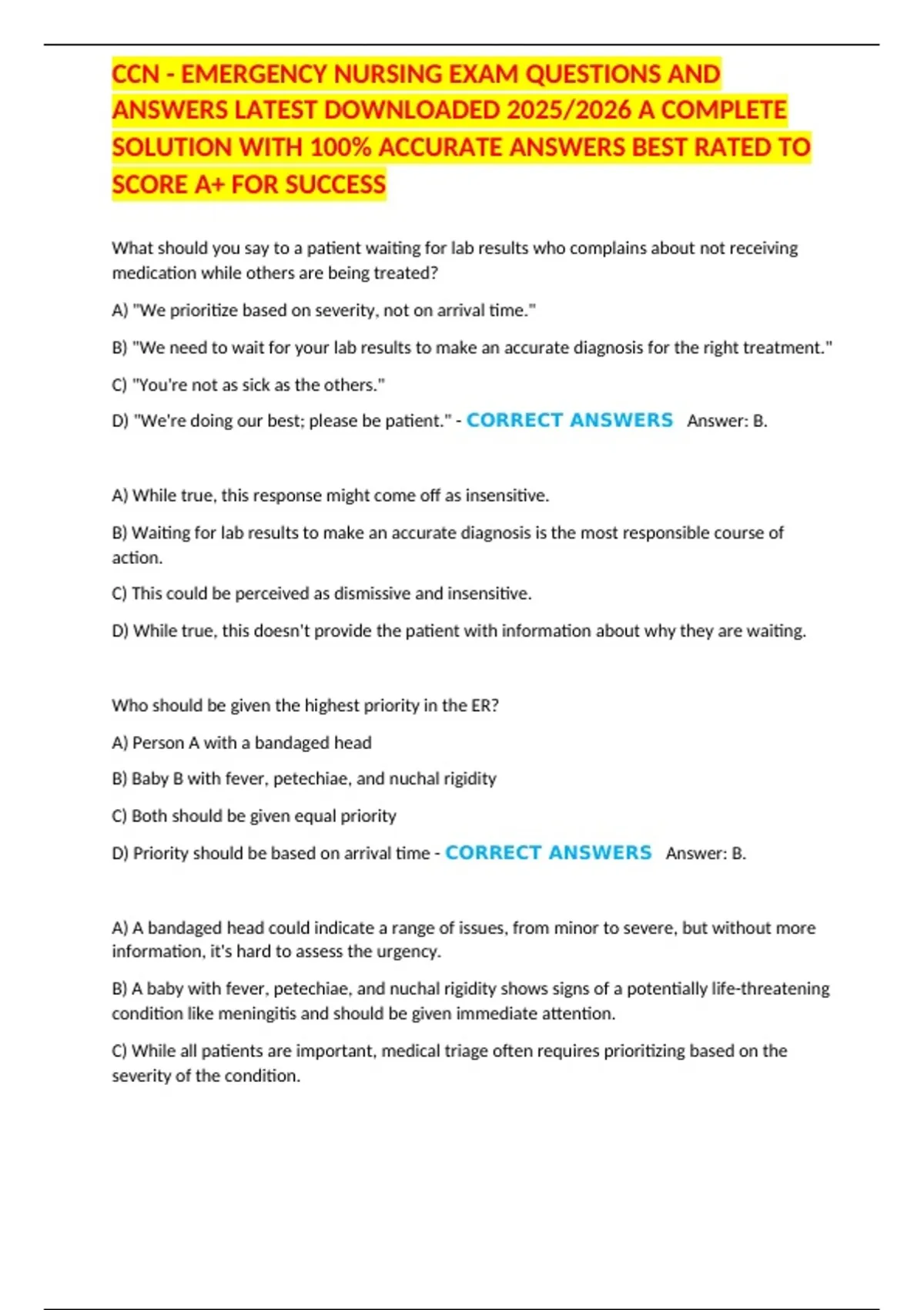 CCN - EMERGENCY NURSING EXAM QUESTIONS AND ANSWERS LATEST DOWNLOADED ...
