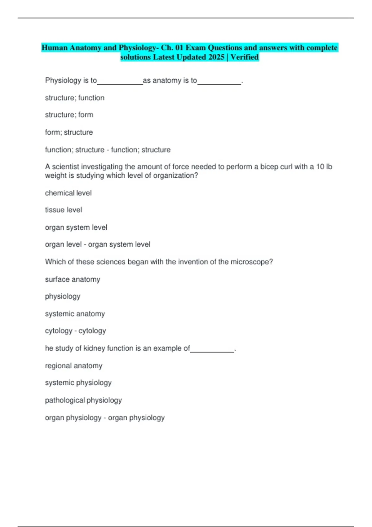 Human Anatomy and Physiology Chapter 01 2025 Exam. Questions and ...