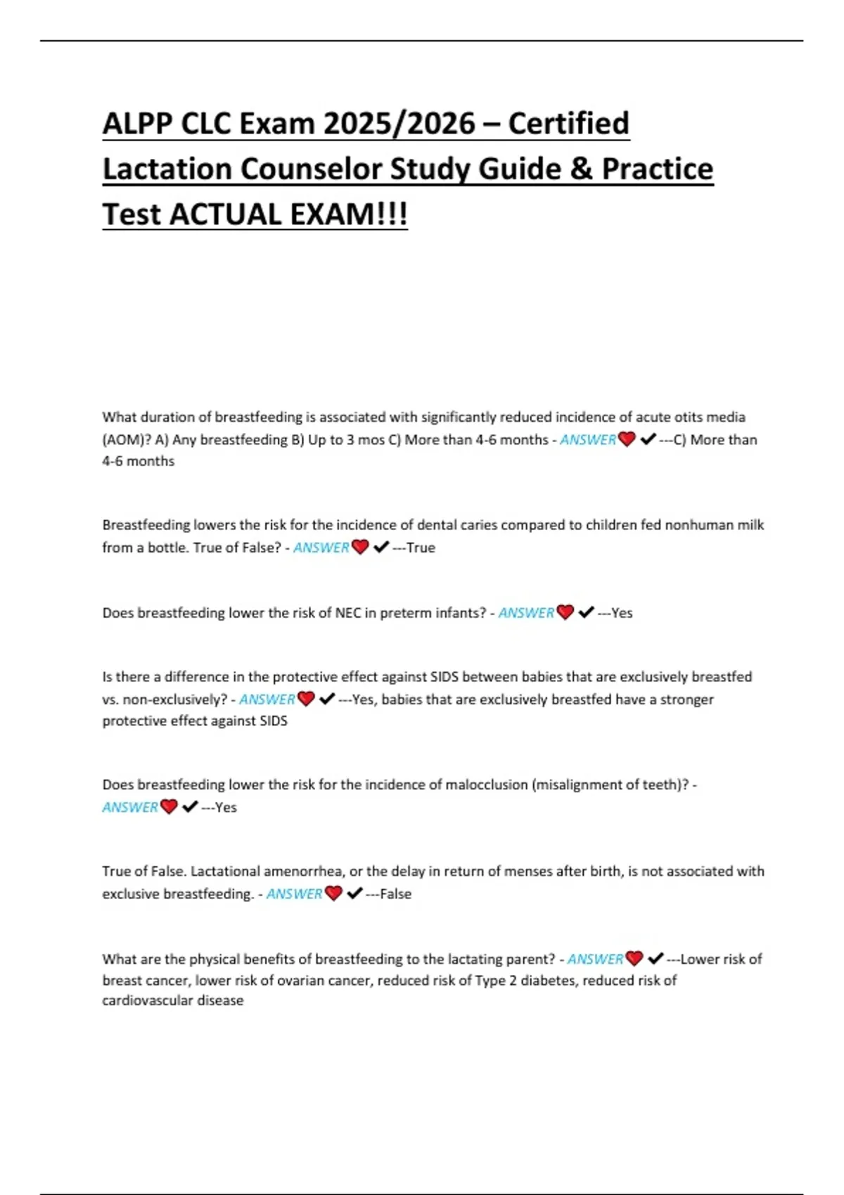 ALPP CLC Exam 2025/2026 – Certified Lactation Counselor Study Guide ...
