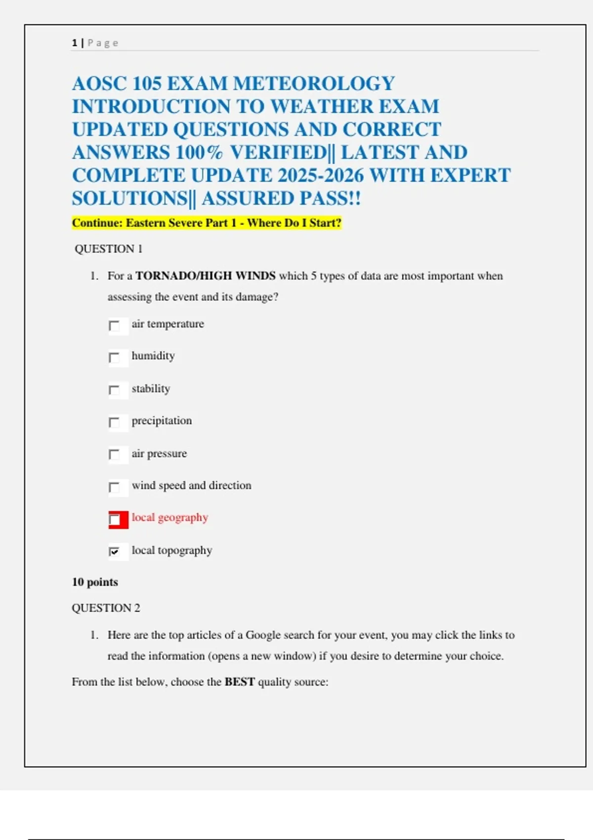 AOSC 105 EXAM METEOROLOGY INTRODUCTION TO WEATHER EXAM UPDATED ...