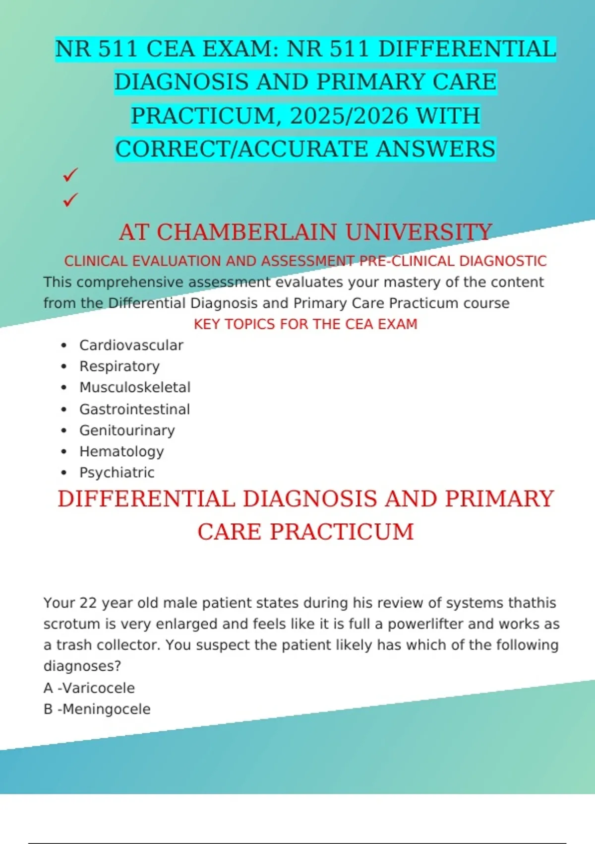 NR 511 CEA EXAM: NR 511 DIFFERENTIAL DIAGNOSIS AND PRIMARY CARE ...